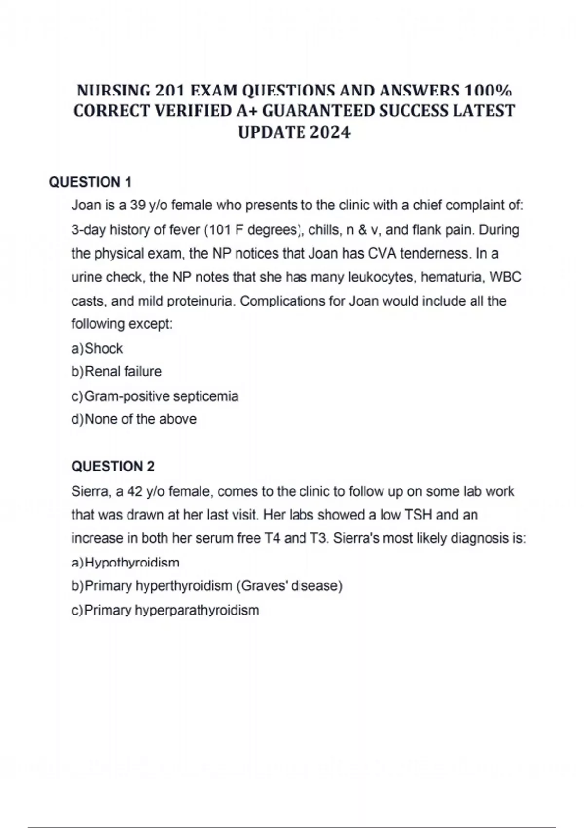 NURSING 201 EXAM QUESTIONS AND ANSWERS 100% CORRECT VERIFIED A+ ...