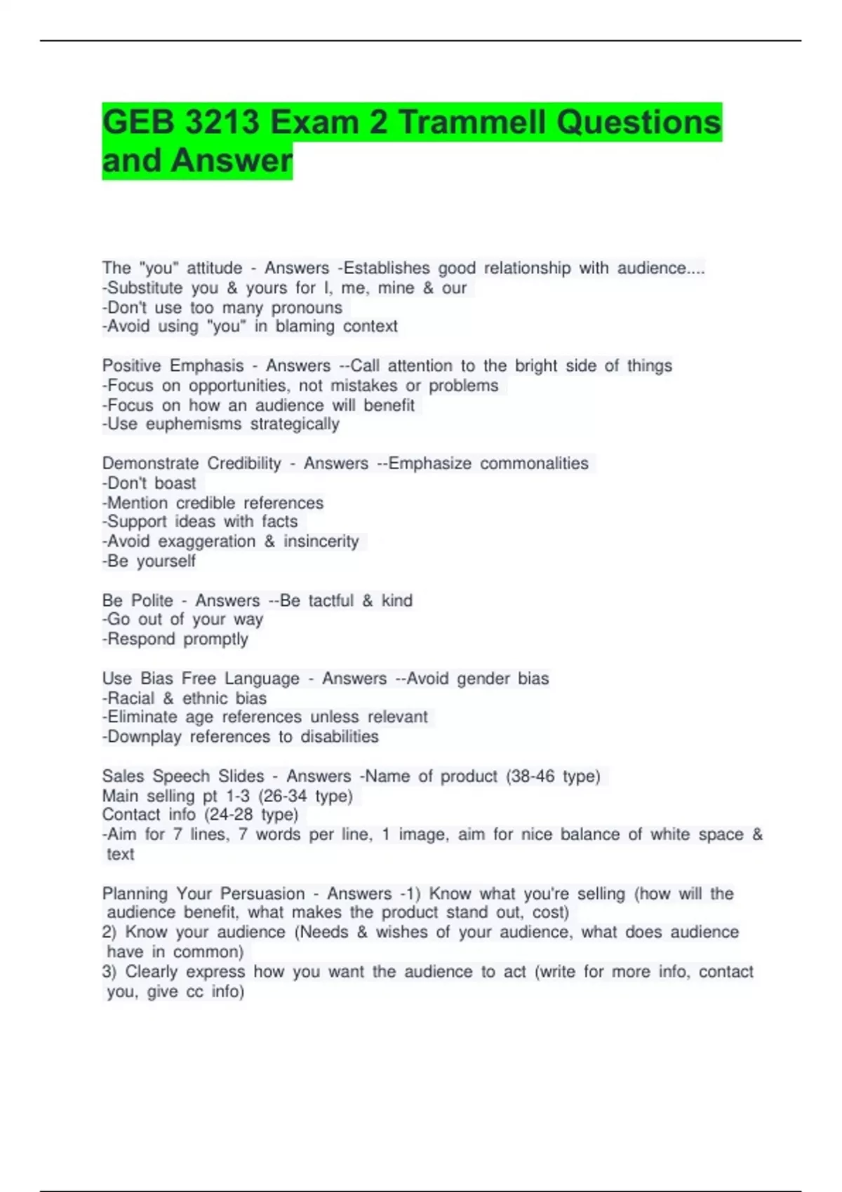 GEB 3213 Exam 2 Trammell Questions and Answer - GEB 3213 - Stuvia US