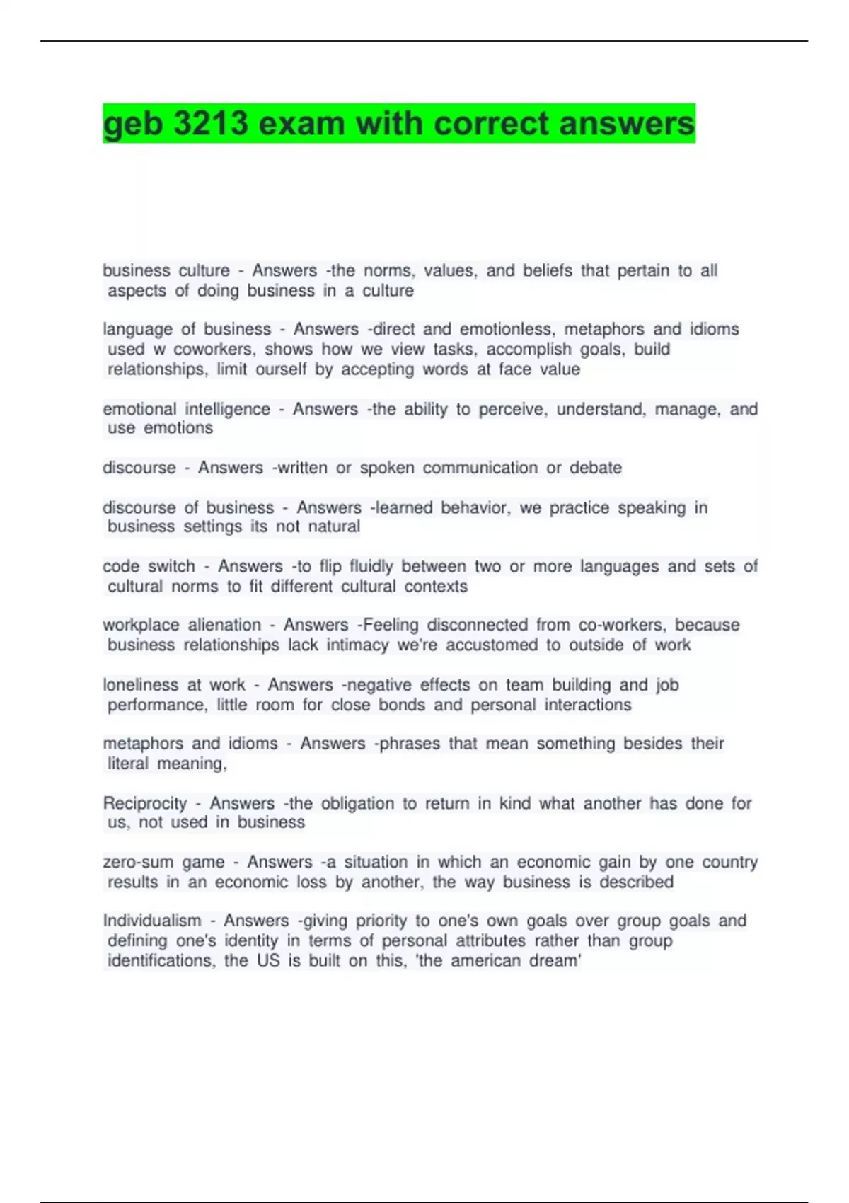 geb 3213 exam with correct answers 100% - GEB 3213 - Stuvia US