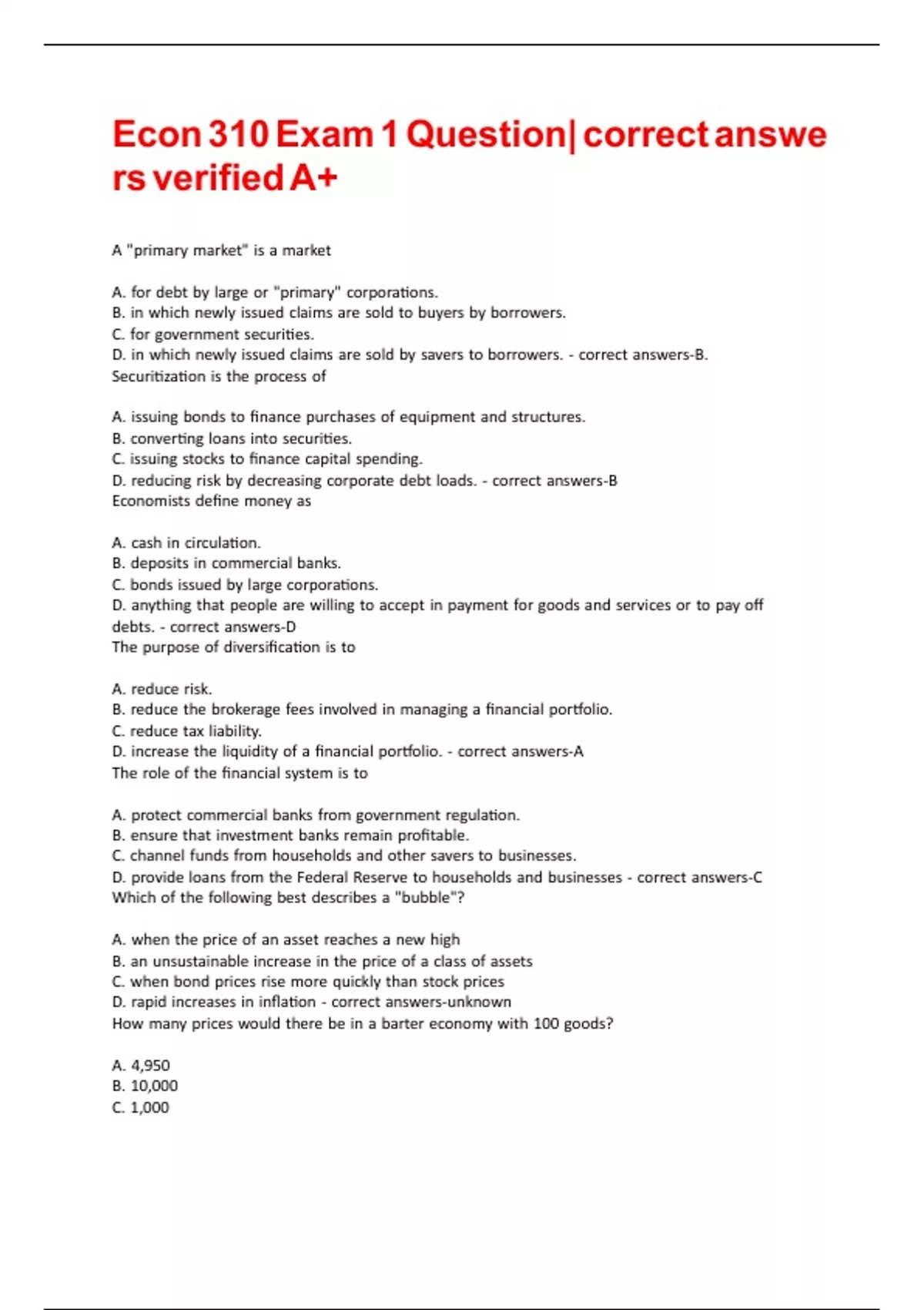 Econ 310 Exam 1 Question| correct answers verified A+ - Econ 310 - Stuvia US