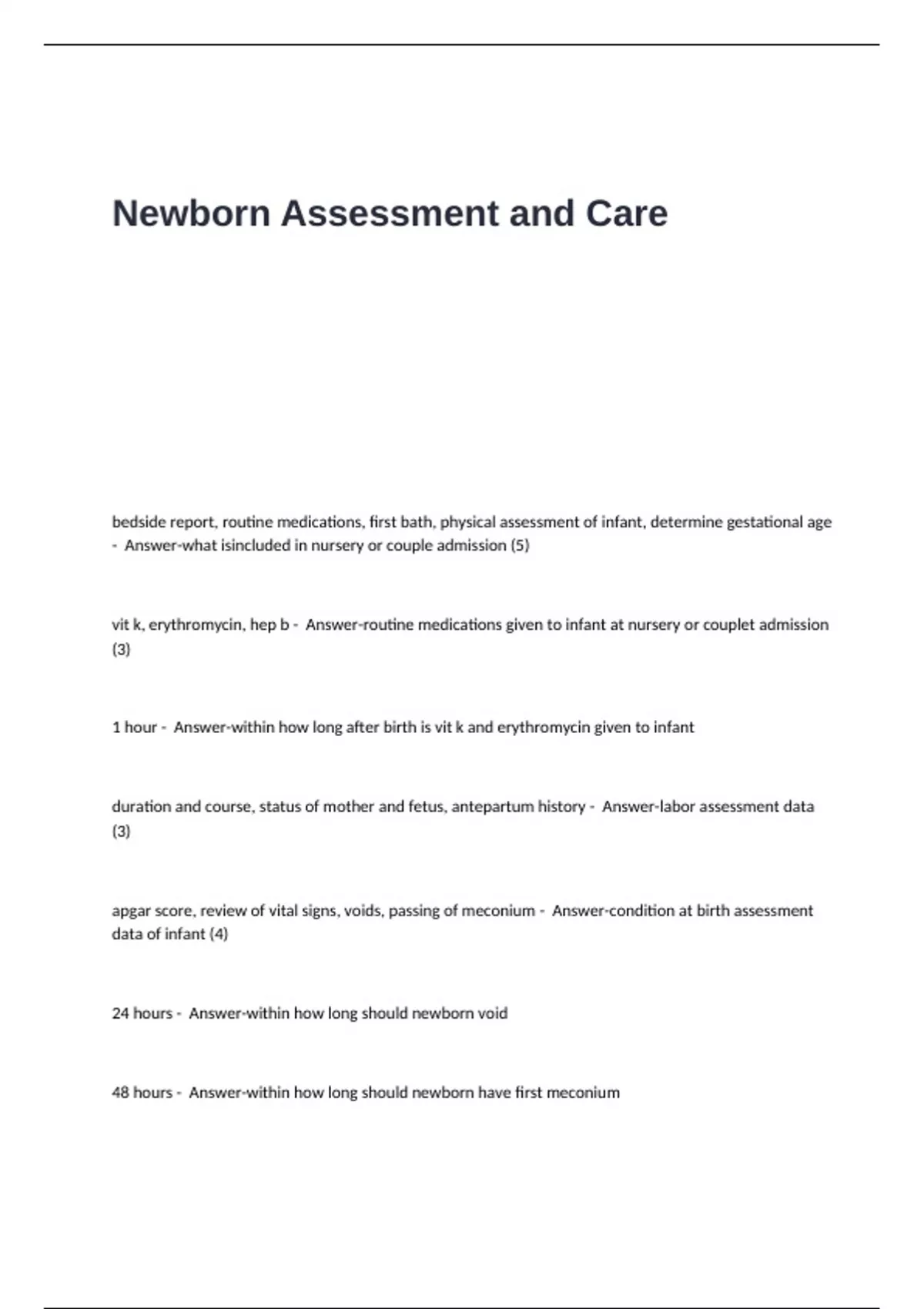 Newborn Assessment and Care Test Questions with Complete Answers ...