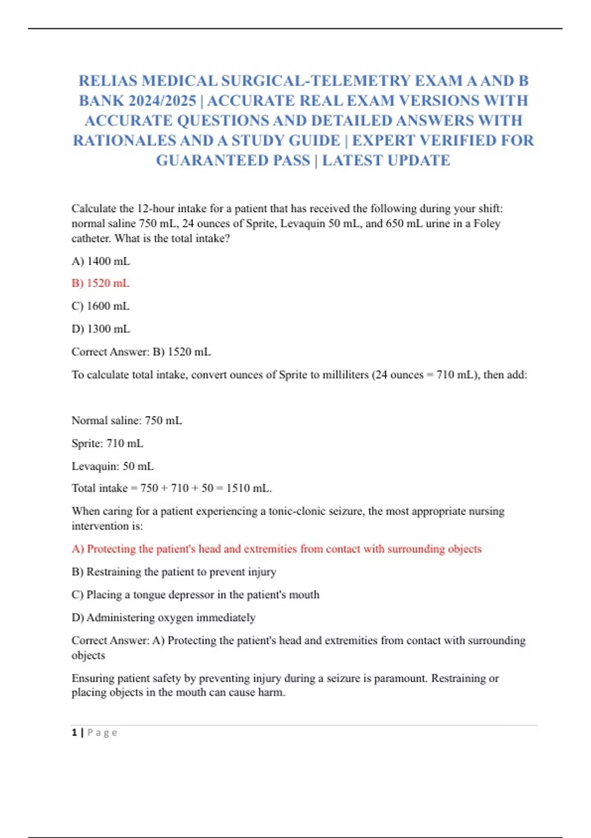 RELIAS MEDICAL SURGICAL-TELEMETRY EXAM A AND B BANK 2024/2025 ...