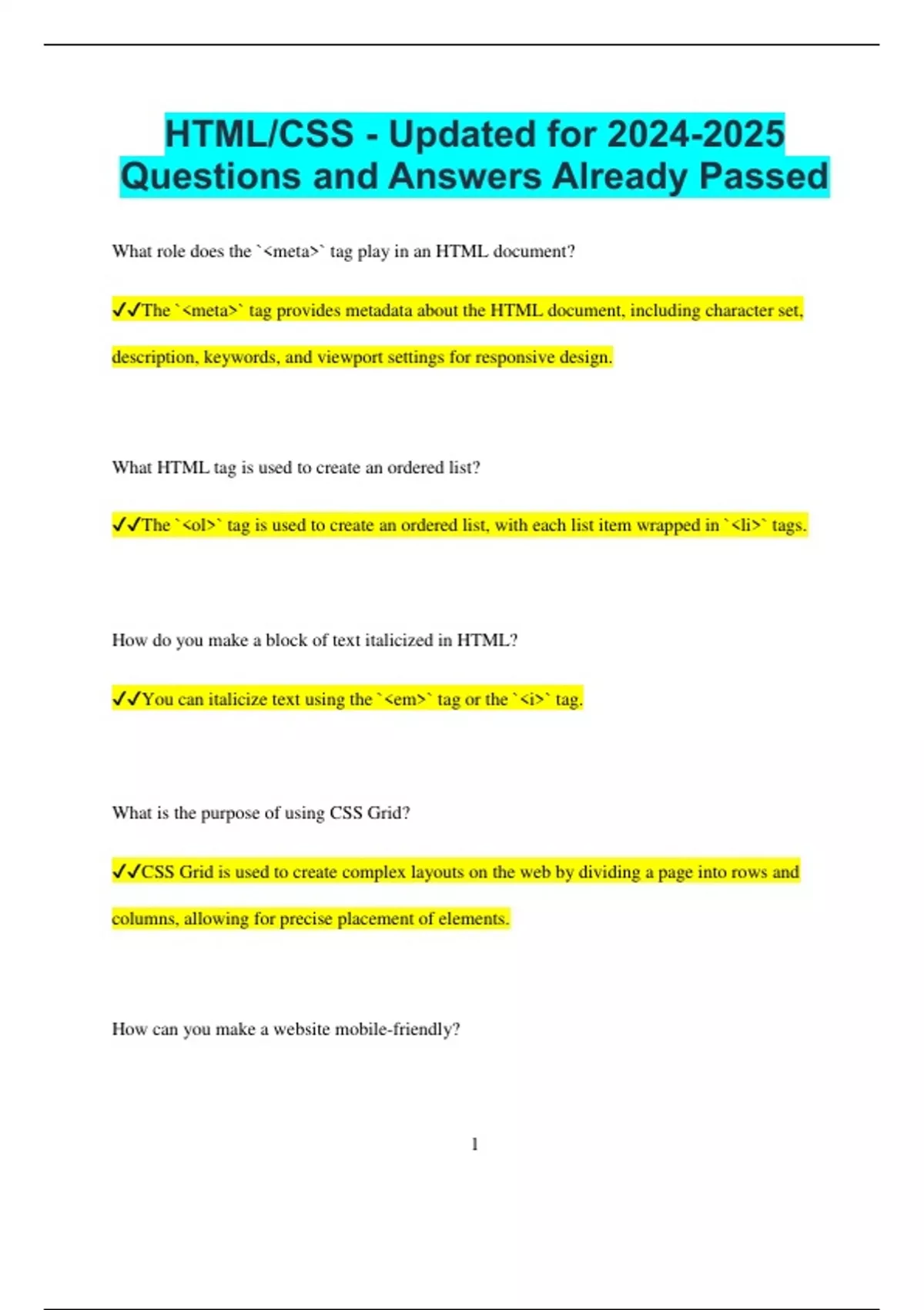 HTML/CSS - Updated for Questions and Answers Already Passed - HTML/CSS - Updated for 2024-2025 ...