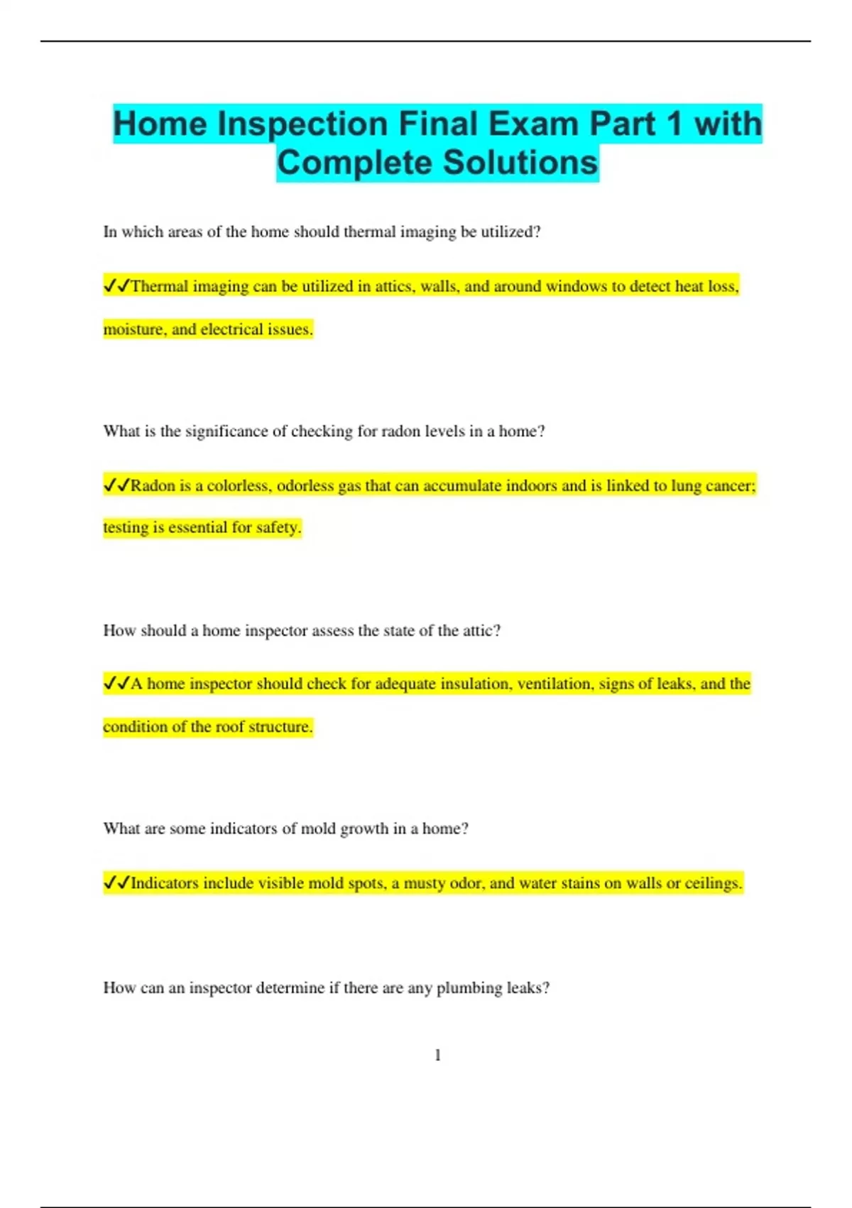 Home Inspection Final Exam Part 1 with Complete Solutions - Home ...