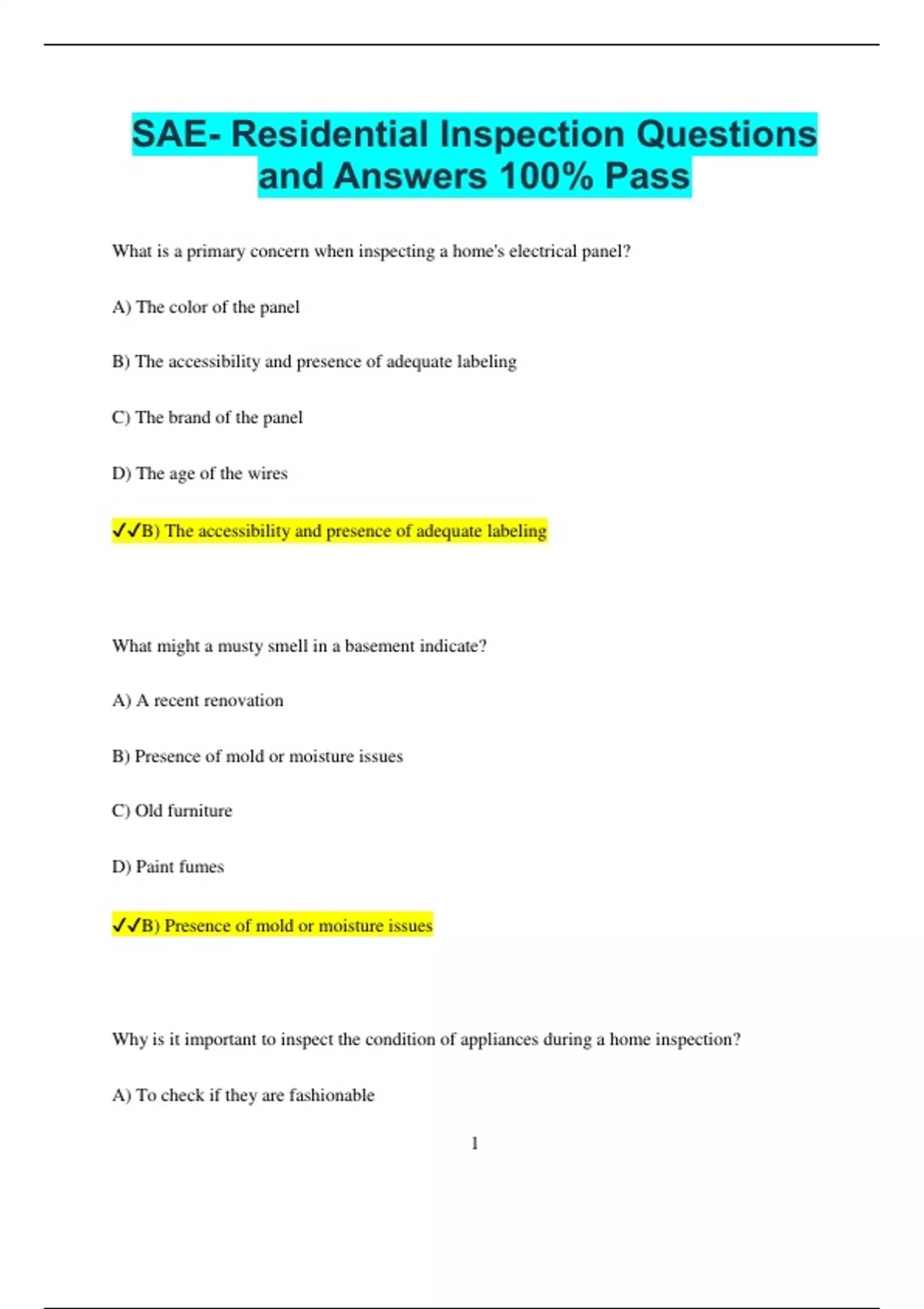 SAE- Residential Inspection Questions and Answers 100% Pass - SAE ...