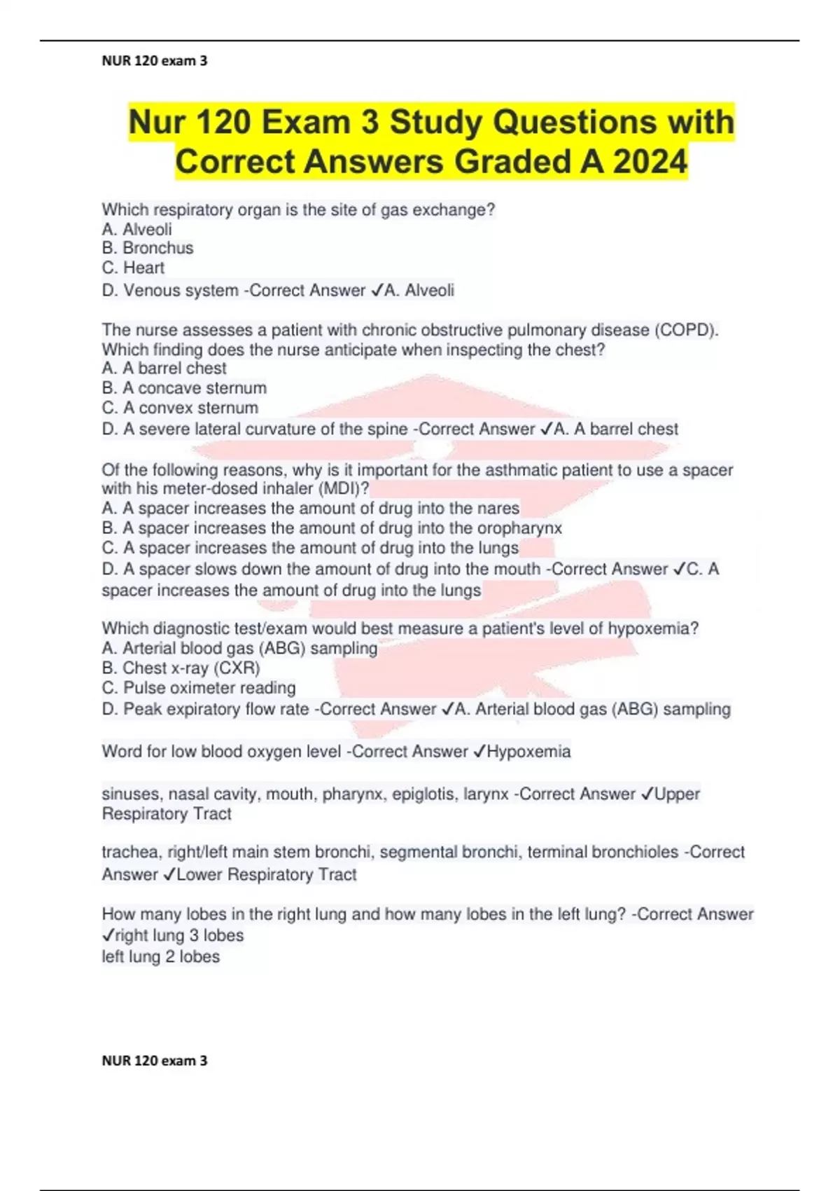 Nur 120 Exam 3 Study Questions with Correct Answers Graded A 2024 - Nur ...