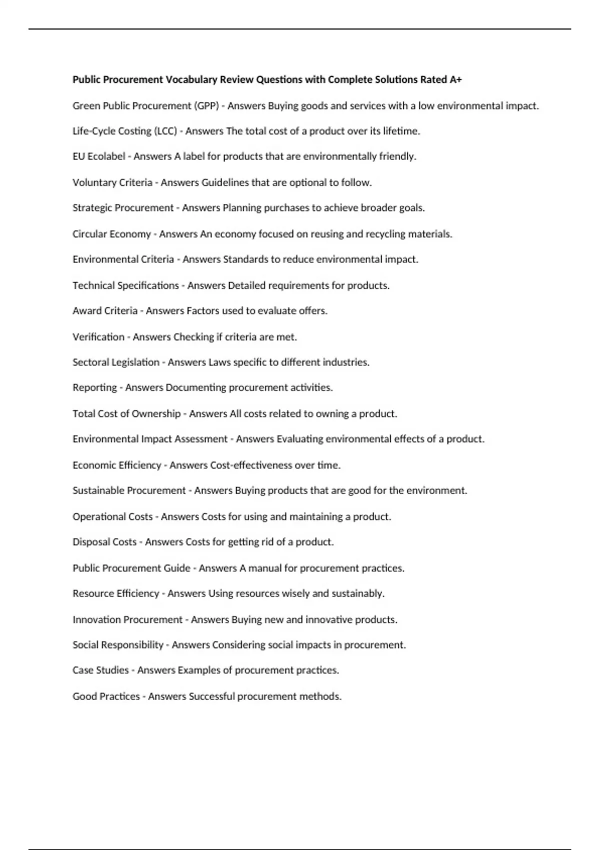 Public Procurement Vocabulary Review Questions with Complete Solutions ...