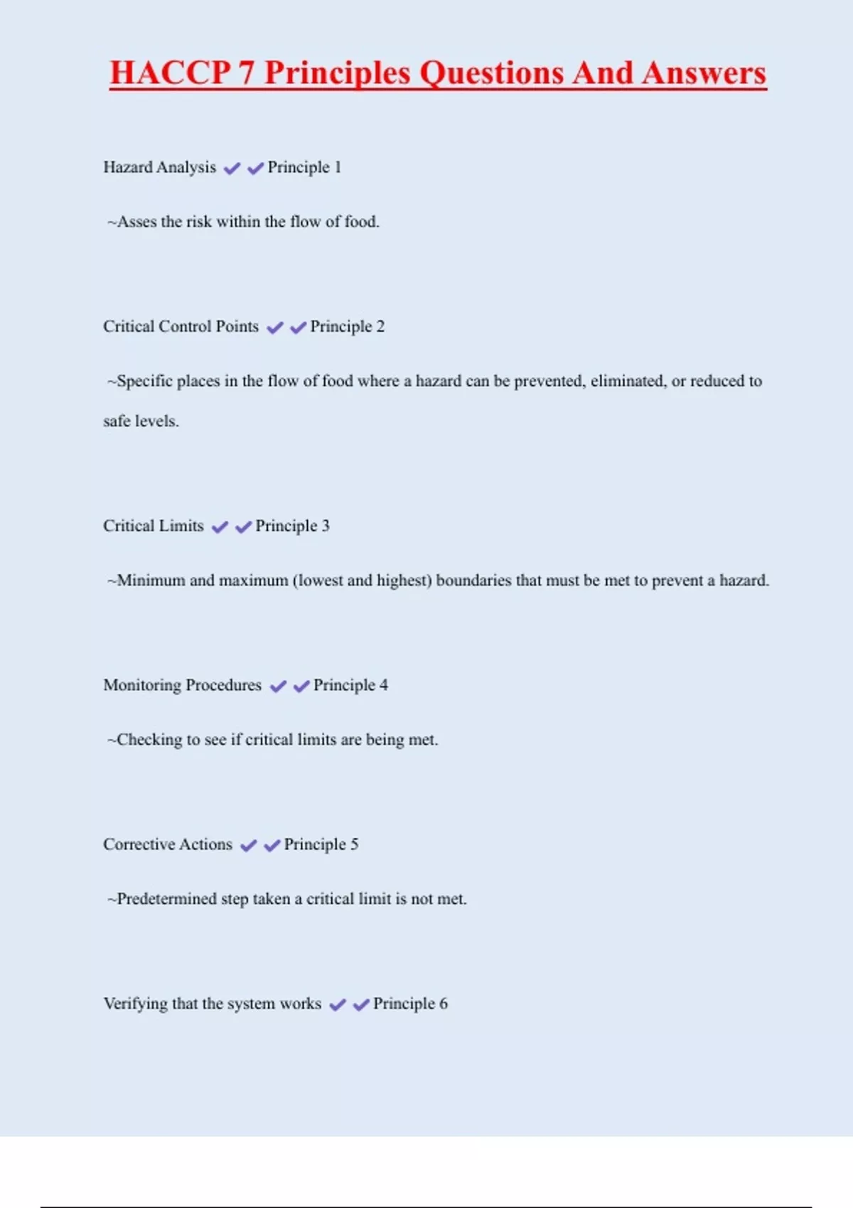 HACCP 7 Principles Questions And Answers Hazard Analysis Principle 1 - HACCP - Stuvia US