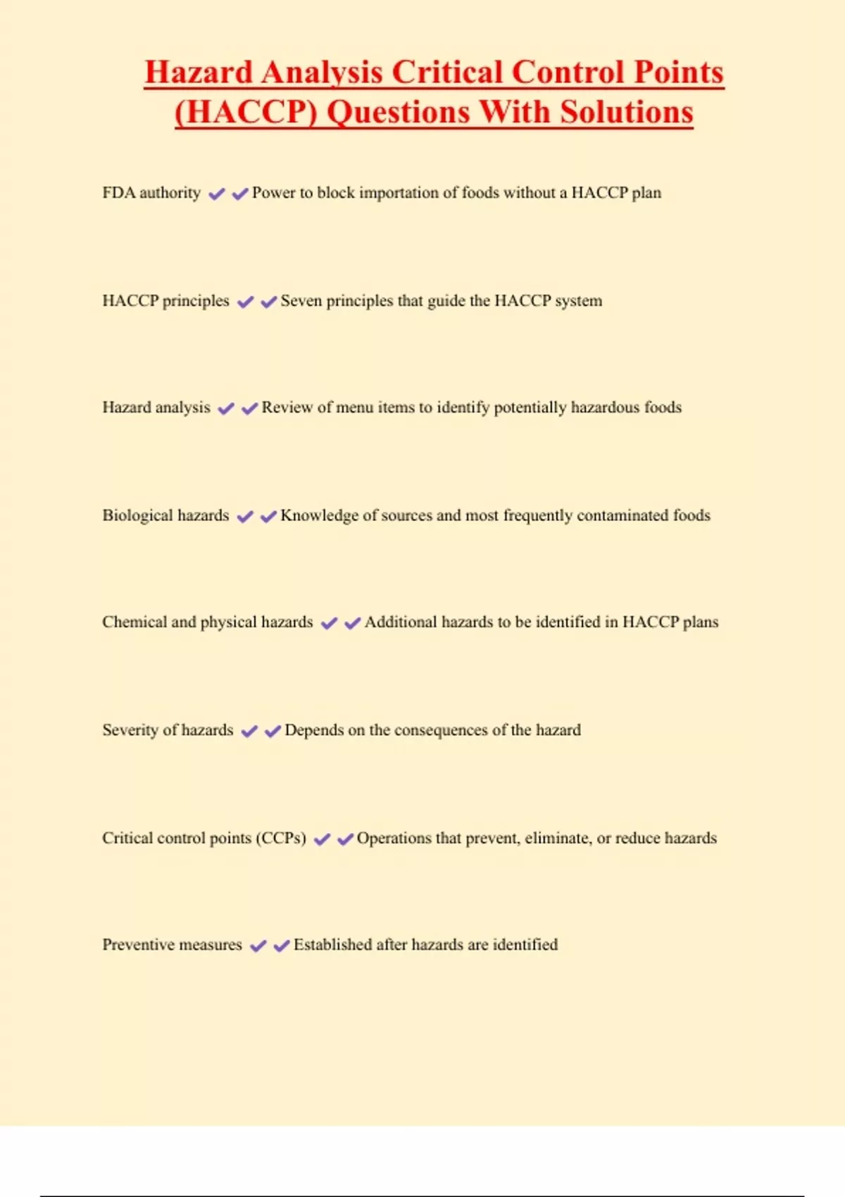 Hazard Analysis Critical Control Points (HACCP) Questions With Solutions - HACCP - Stuvia US