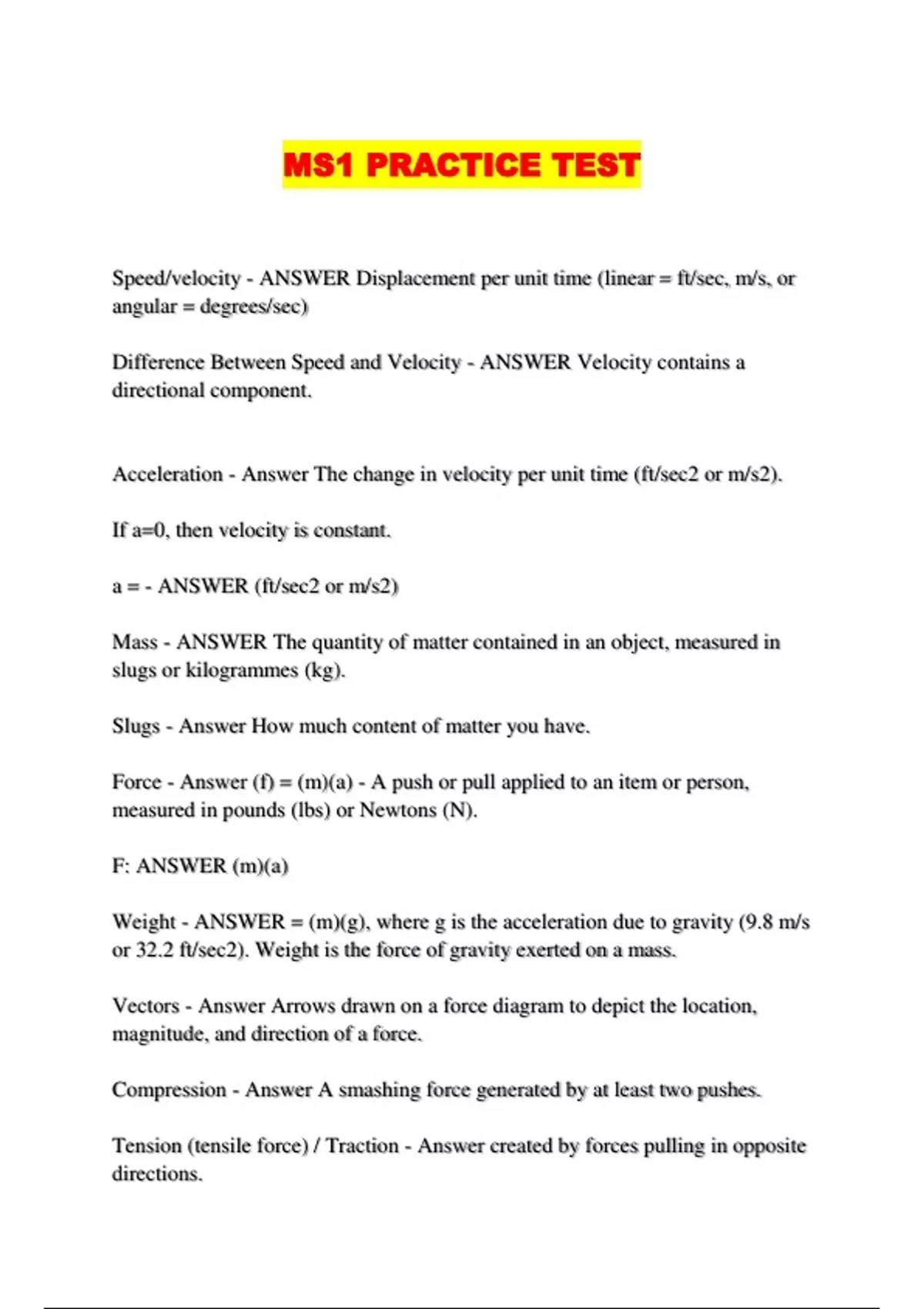 MS1 PRACTICE TEST - MS1 - Stuvia US