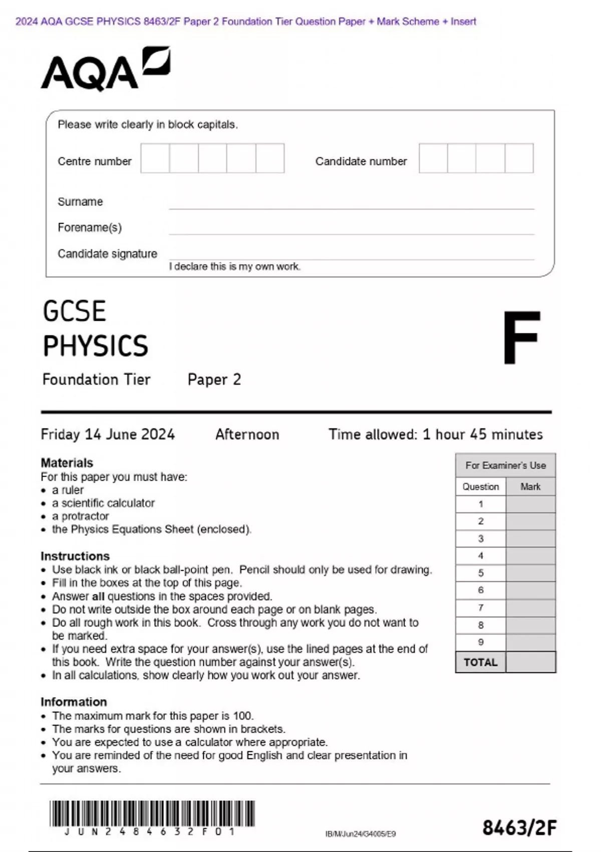 .2024 AQA GCSE PHYSICS 8463/2F Paper 2 Foundation Tier Question Paper ...