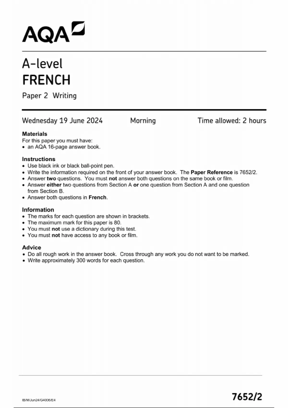 2024 AQA A LEVEL FRENCH PAPER 2 (7652/2: writing) - 2024 AQA A LEVEL ...
