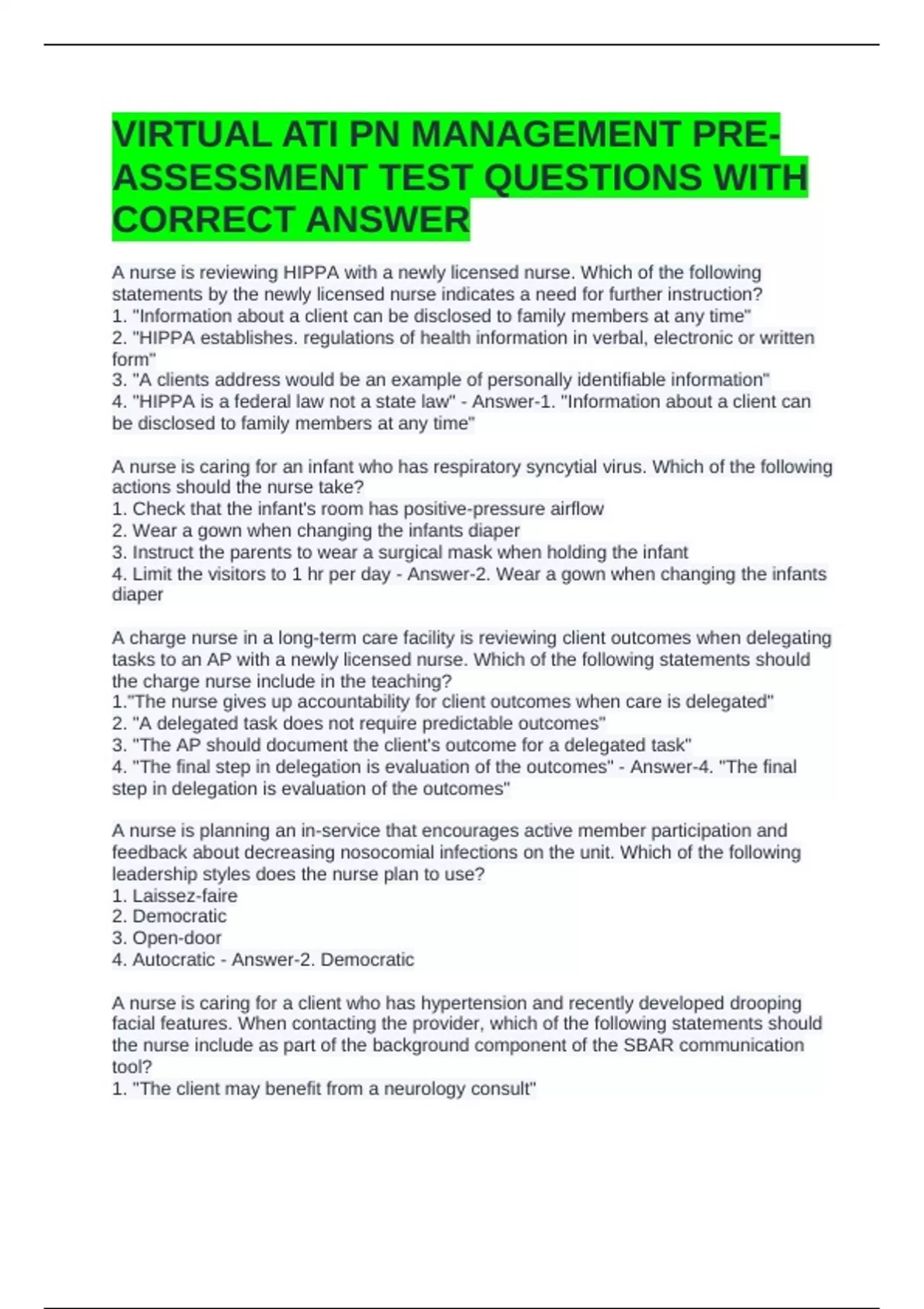 VIRTUAL ATI PN MANAGEMENT PRE-ASSESSMENT TEST QUESTIONS WITH CORRECT ...