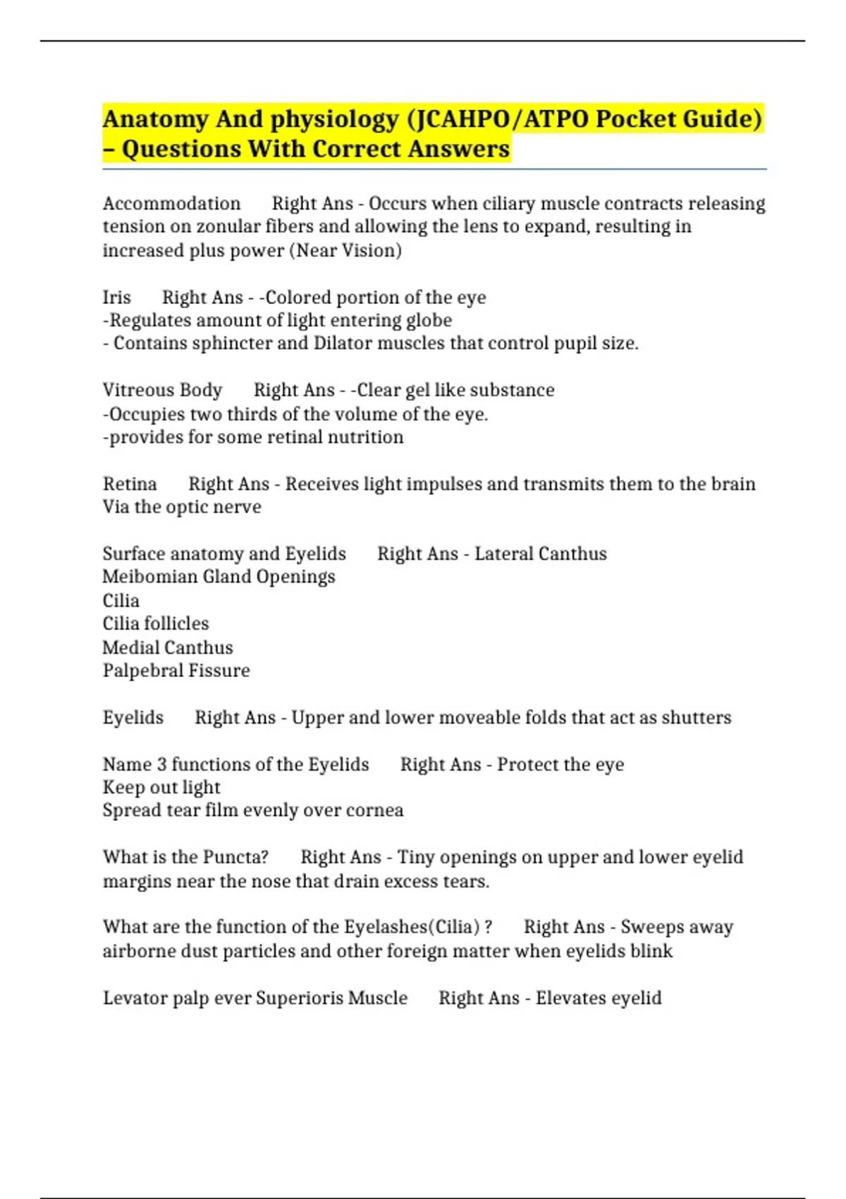 Anatomy And physiology (JCAHPO/ATPO Pocket Guide) – Questions With ...