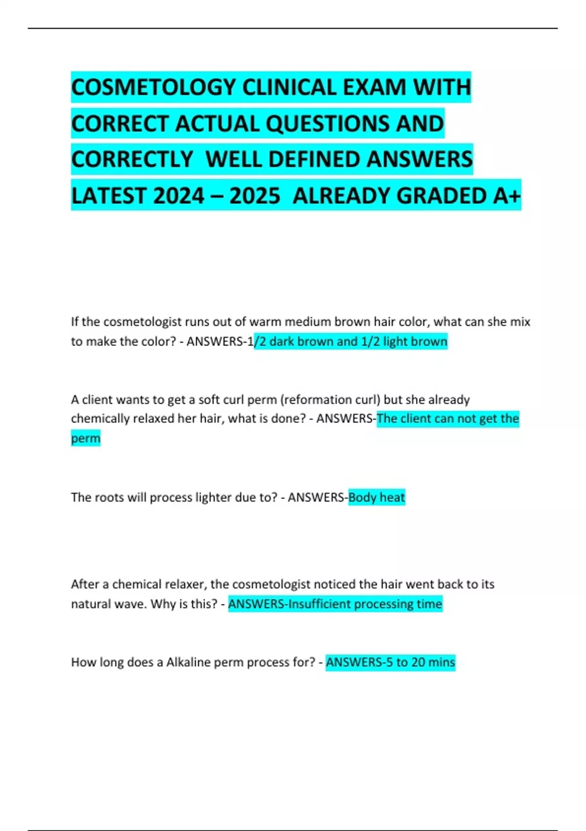 COSMETOLOGY CLINICAL EXAM WITH CORRECT ACTUAL QUESTIONS AND CORRECTLY ...