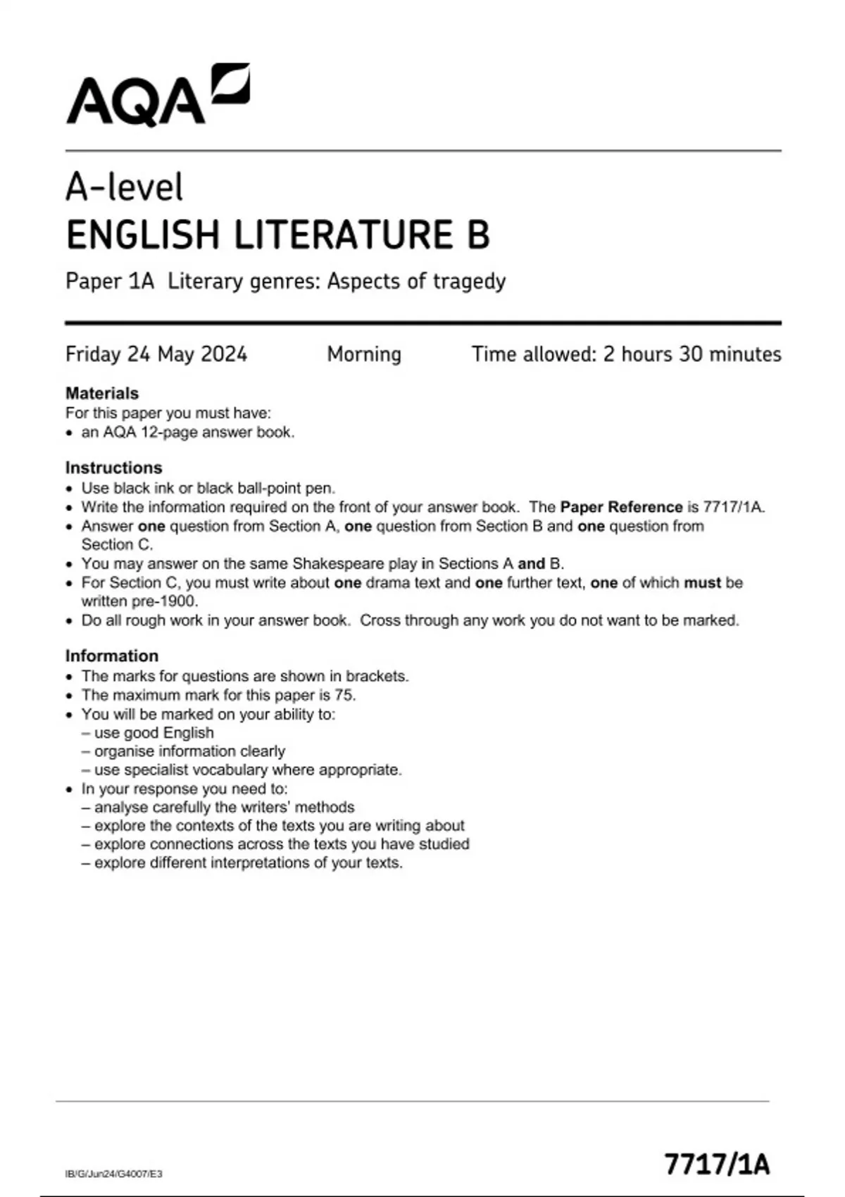 AQA A-level ENGLISH LITERATURE B Paper 1A and 1B JUNE 2024 QUESTION ...