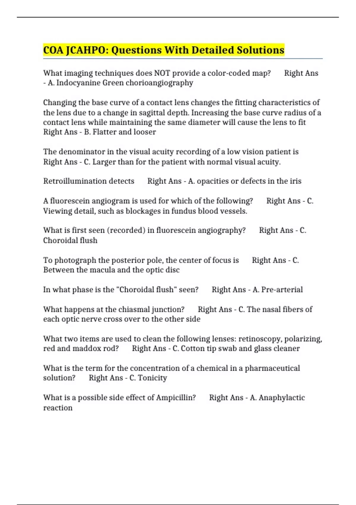 COA JCAHPO: Questions With Detailed Solutions - JCAHPO - Stuvia US