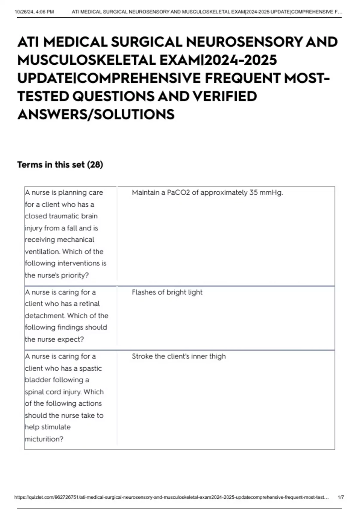 ATI MEDICAL SURGICAL NEUROSENSORY AND MUSCULOSKELETAL EXAM| UPDATE ...