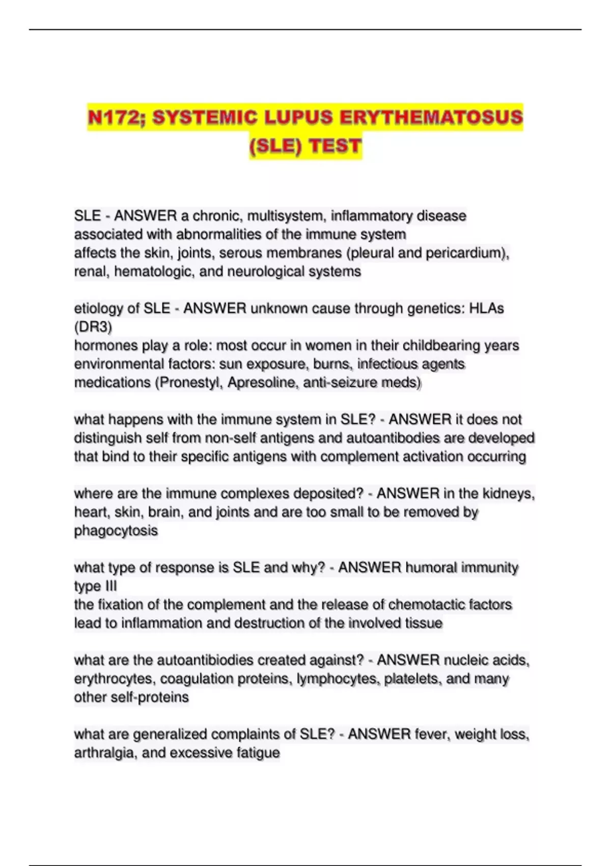 N172; SYSTEMIC LUPUS ERYTHEMATOSUS (SLE) TEST - N172; SYSTEMIC LUPUS ...