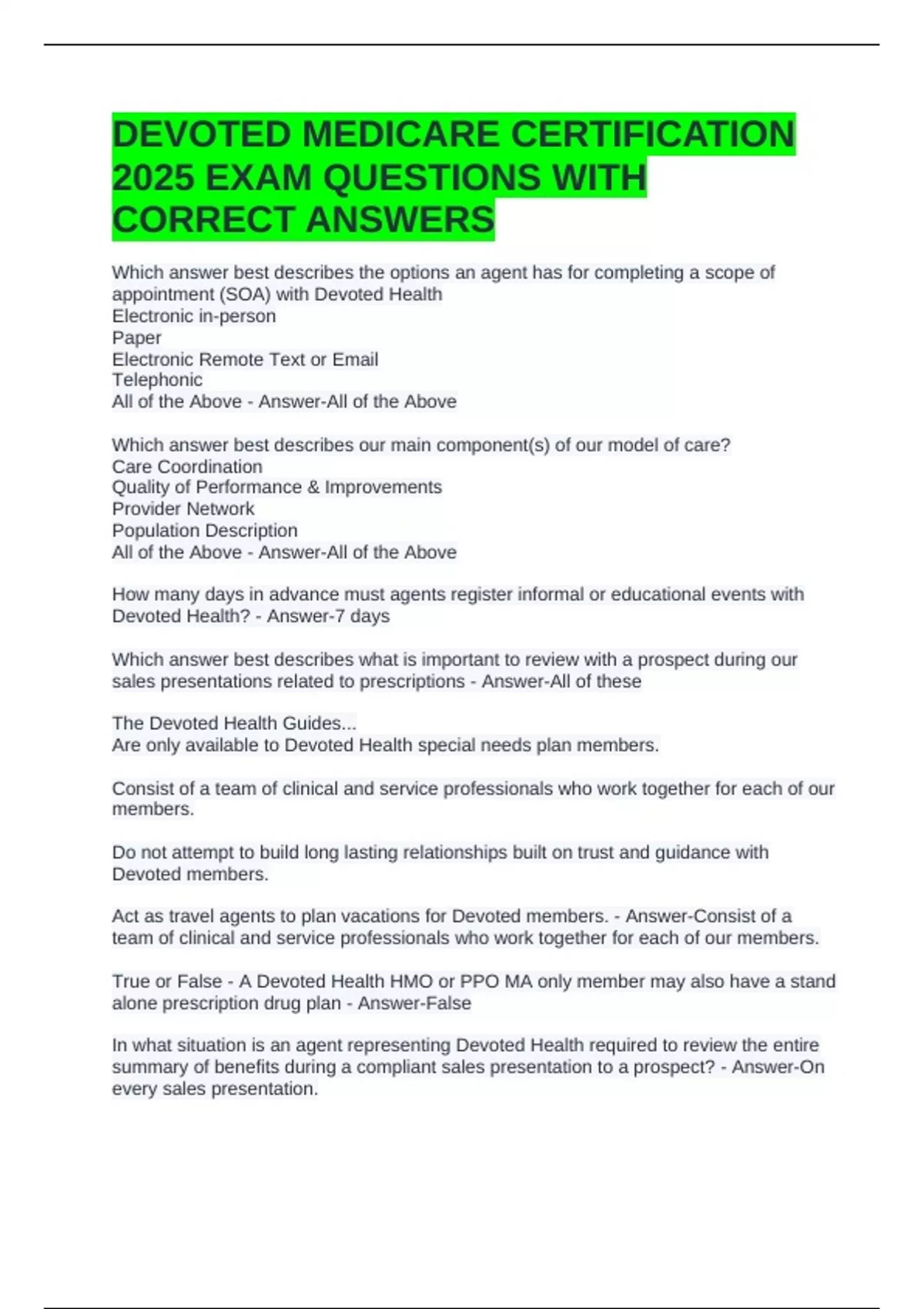 DEVOTED MEDICARE CERTIFICATION 2025 EXAM QUESTIONS WITH CORRECT ANSWERS ...
