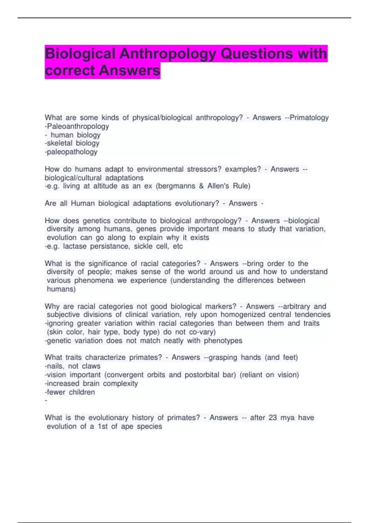 Biological Anthropology Questions with correct Answers - Biological ...