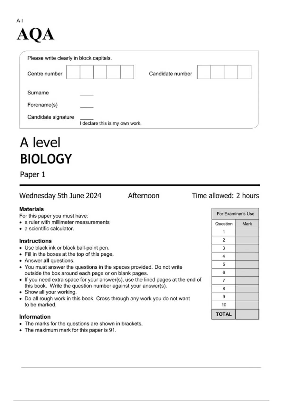 AQA A-level BIOLOGY Paper 1, 2 and 3 JUNE 2024 QUESTION PAPERS AND MARK ...