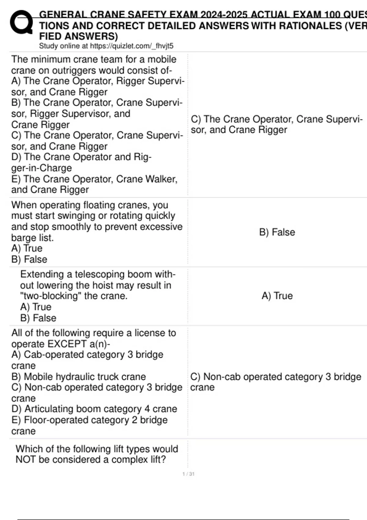 GENERAL CRANE SAFETY EXAM ACTUAL EXAM 100 QUESTIONS AND CORRECT ...