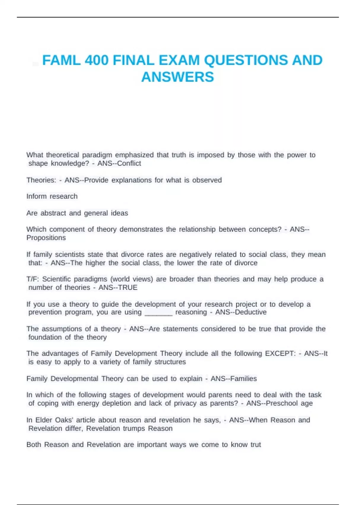 FAML 400: FAMILY THEORIES EXAM 1 QUESTIONS AND ANSWERS - Stuvia US