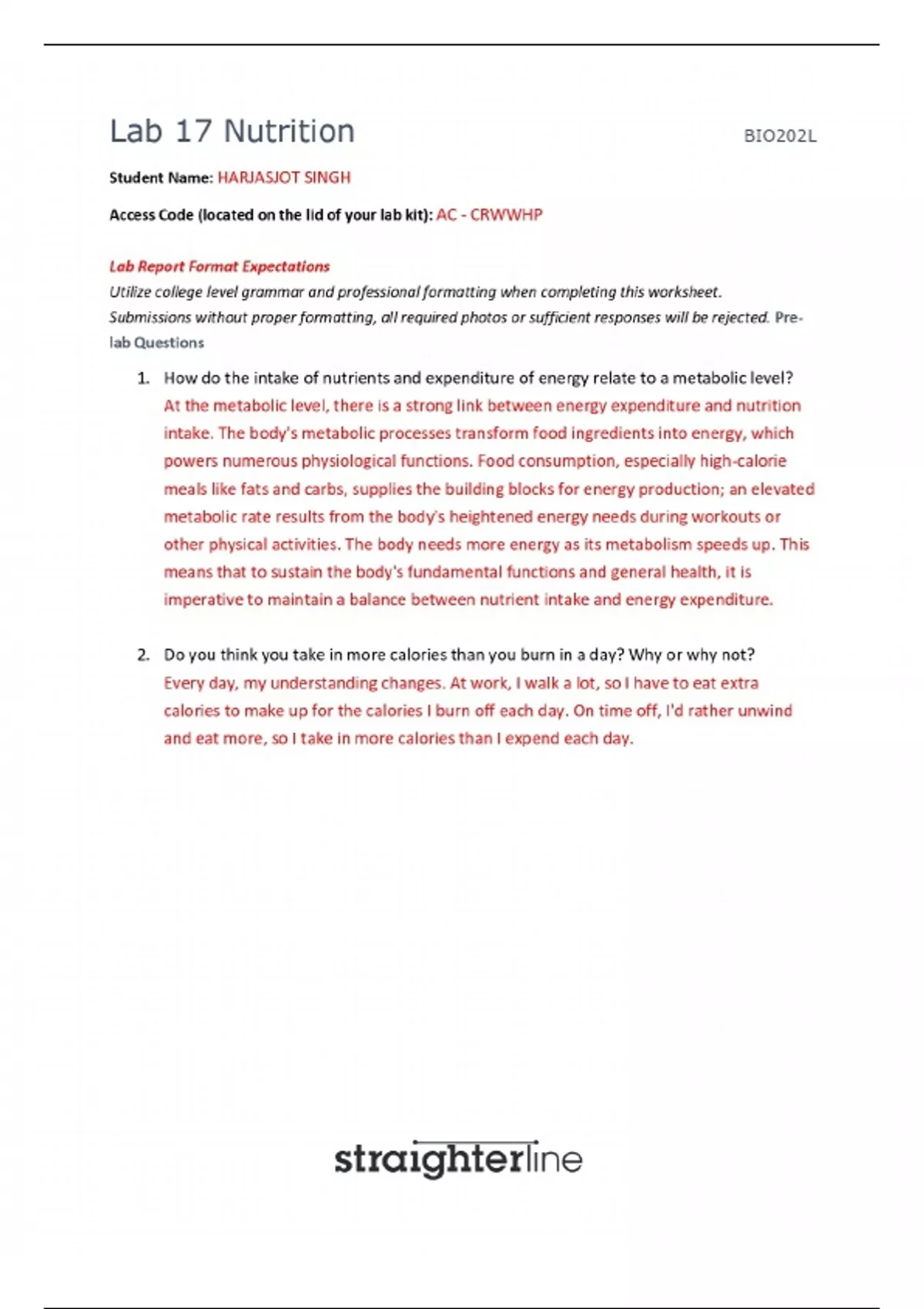 Straighterline Anatomy and Physiology II Lab BIO202L Lab 17: Nutrition ...