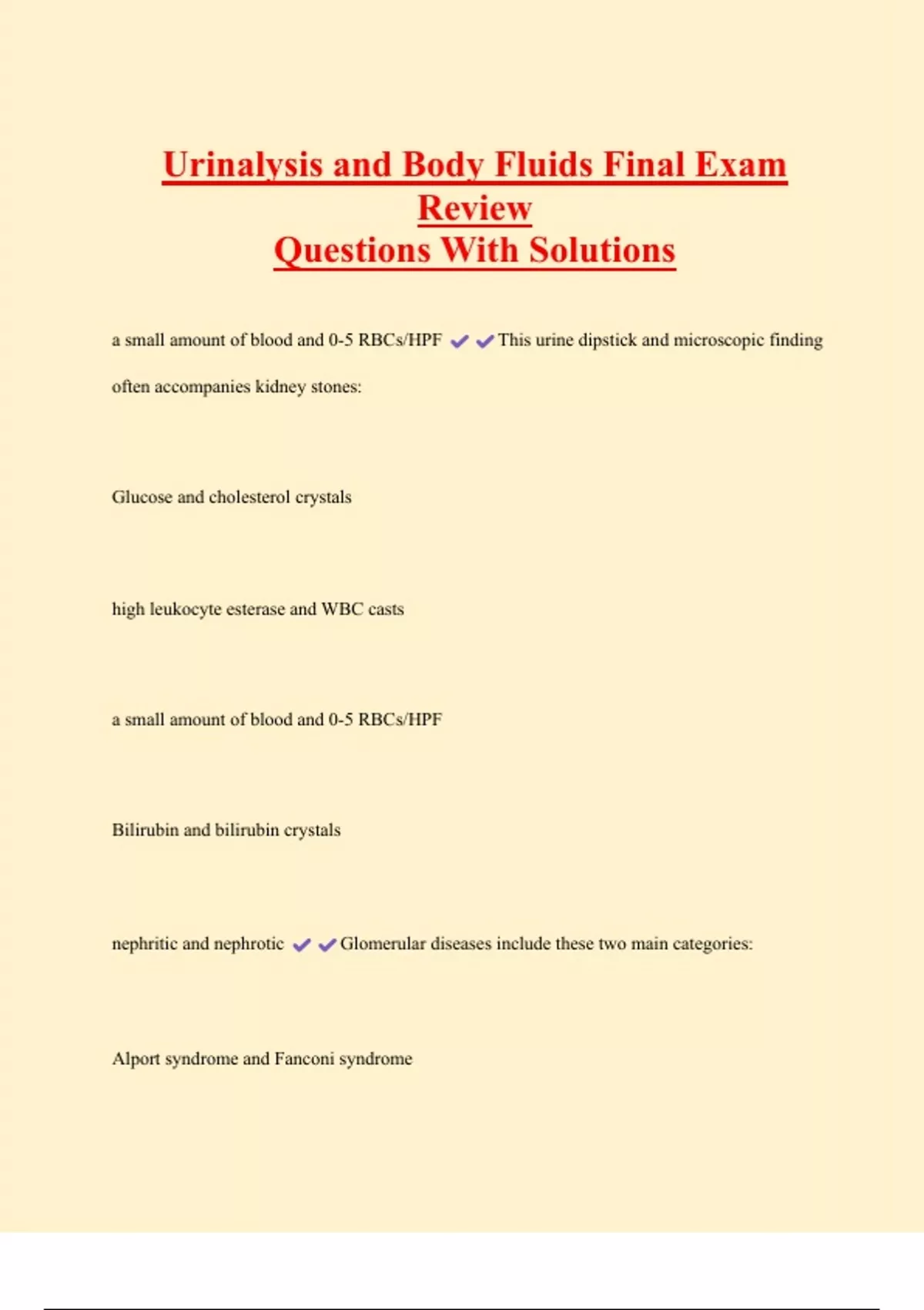 Urinalysis and Body Fluids Final Exam Review - Urinalysis and Body ...