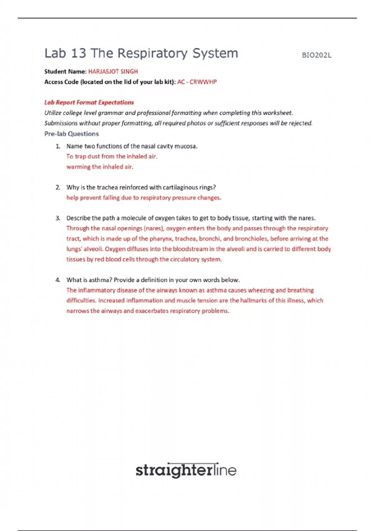 Straighterline Anatomy and Physiology II Lab BIO202L Lab 13 The ...