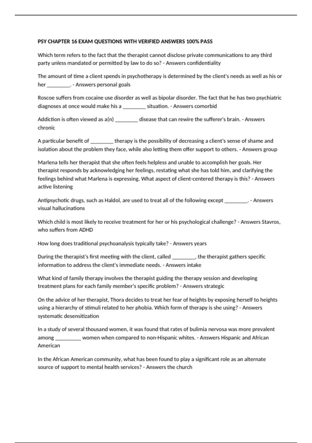 PSY CHAPTER 16 EXAM QUESTIONS WITH VERIFIED ANSWERS 100% PASS - PSY CHAPTER 16 - Stuvia US