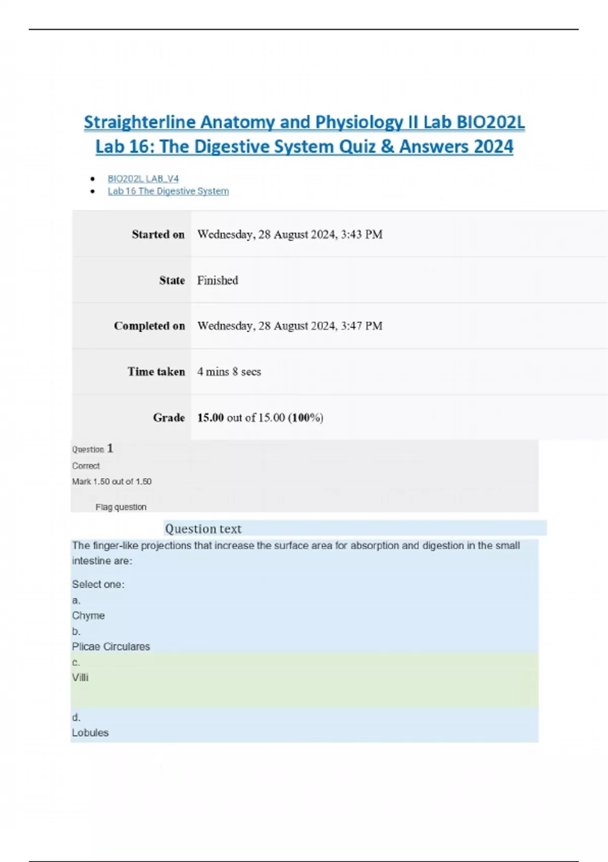 Straighterline Anatomy and Physiology II Lab BIO202L Lab 16: The ...