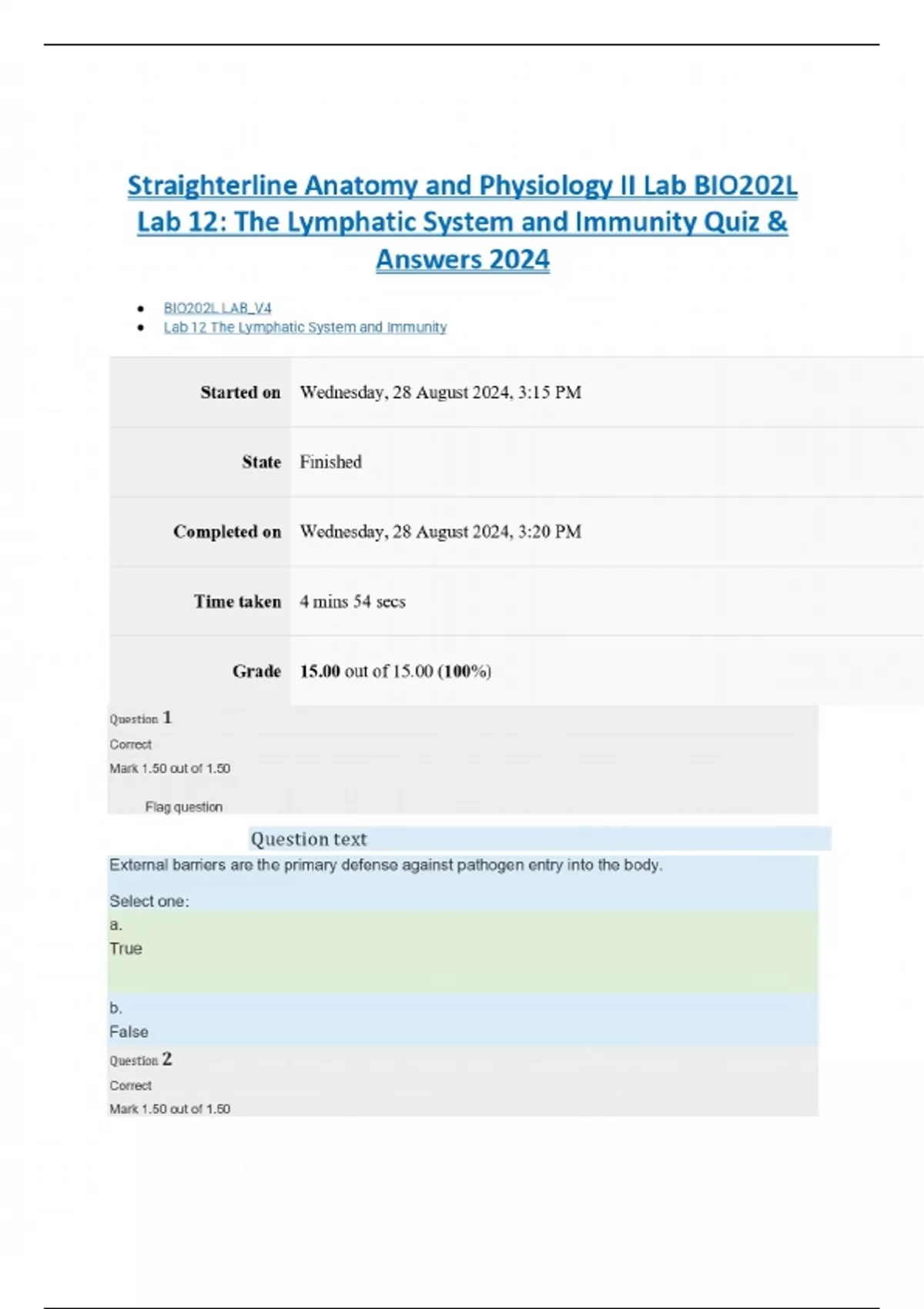 Straighterline Anatomy and Physiology II Lab BIO202L Lab 12: The ...