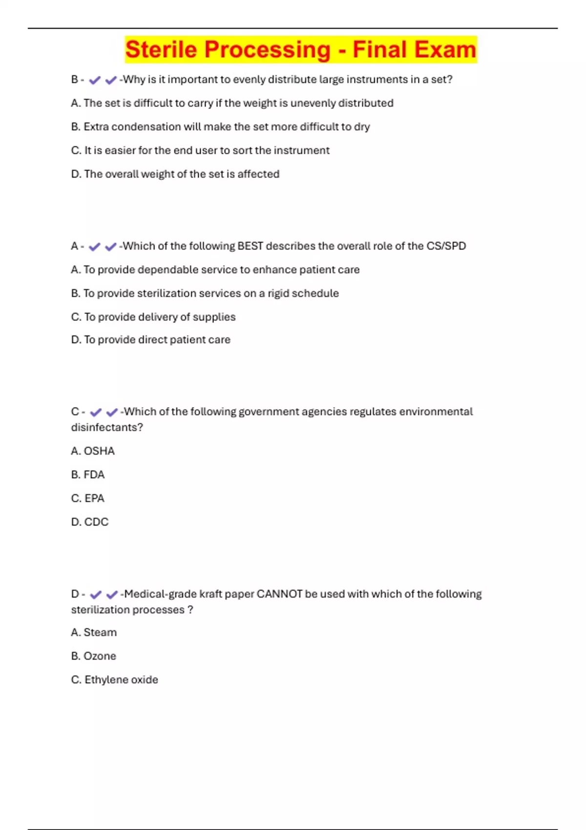 Sterile Processing - Final Exam - Sterile Processing - Stuvia US