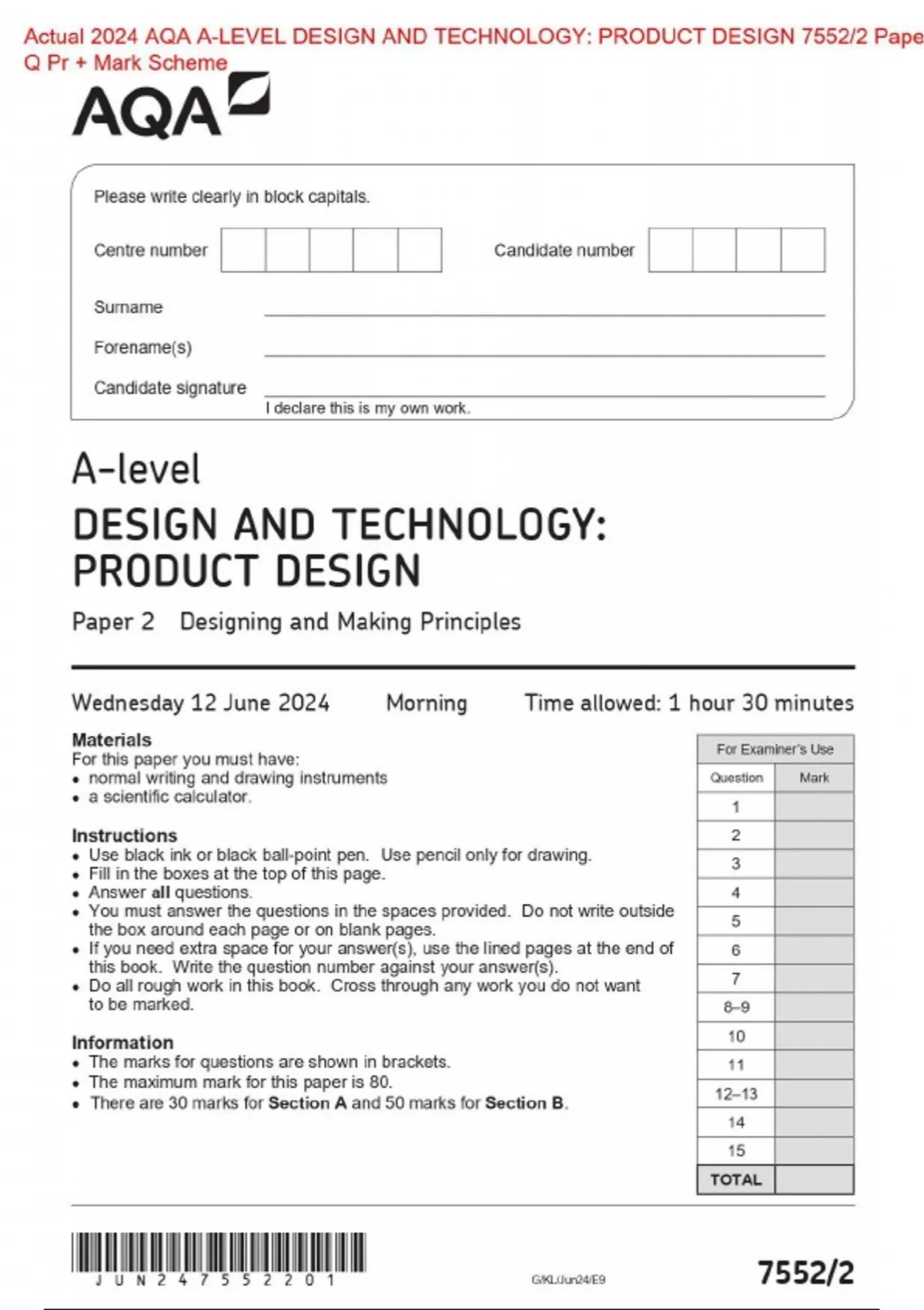 Actual 2024 AQA A-LEVEL DESIGN AND TECHNOLOGY: PRODUCT DESIGN 7552/2 ...