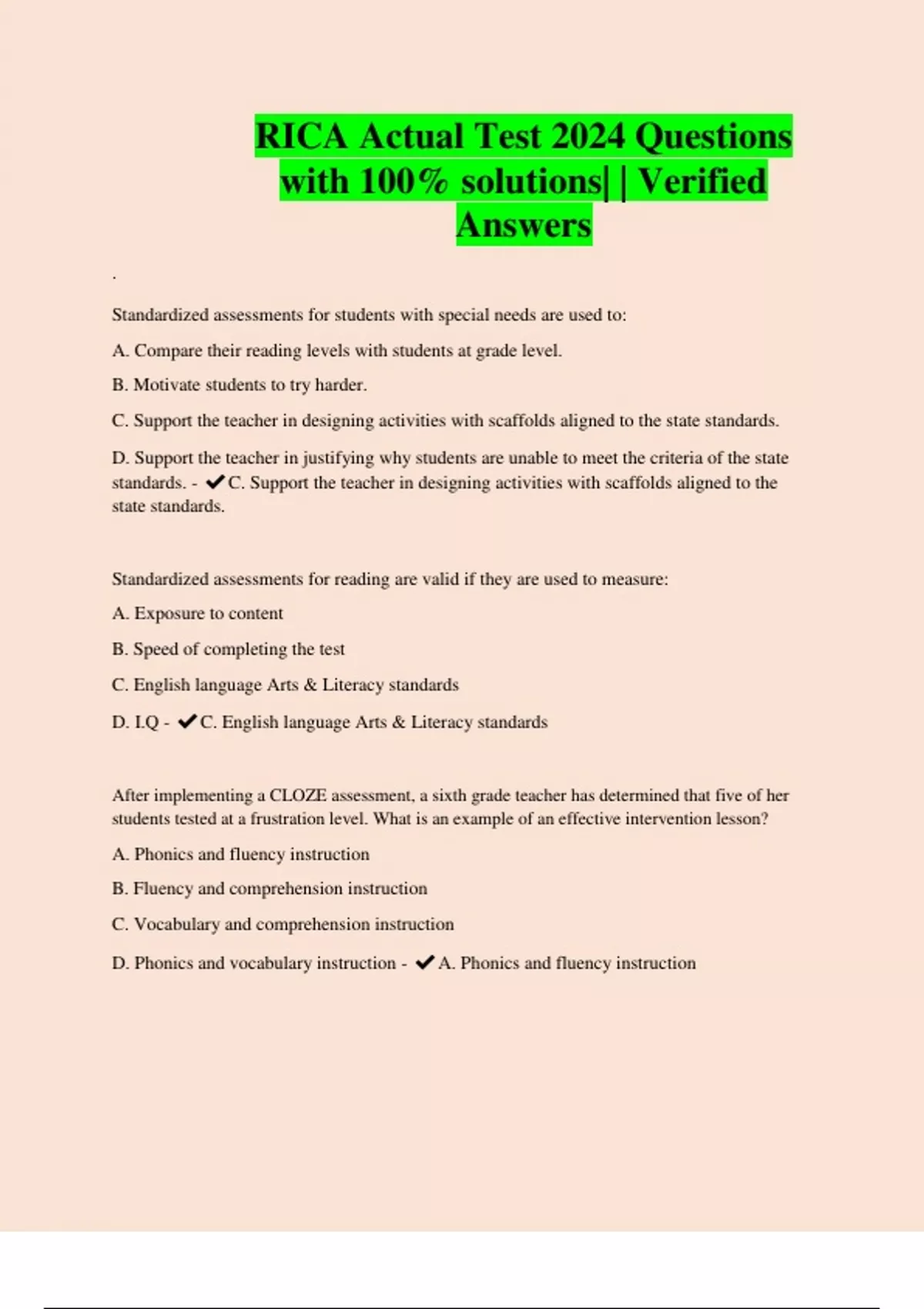 RICA Actual Test 2024 Questions with 100% solutions| | Verified Answers ...