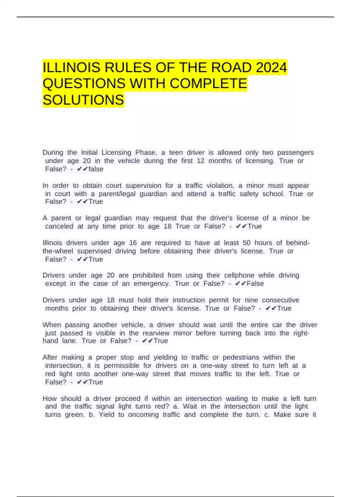 ILLINOIS RULES OF THE ROAD 2024 QUESTIONS WITH COMPLETE SOLUTIONS ...
