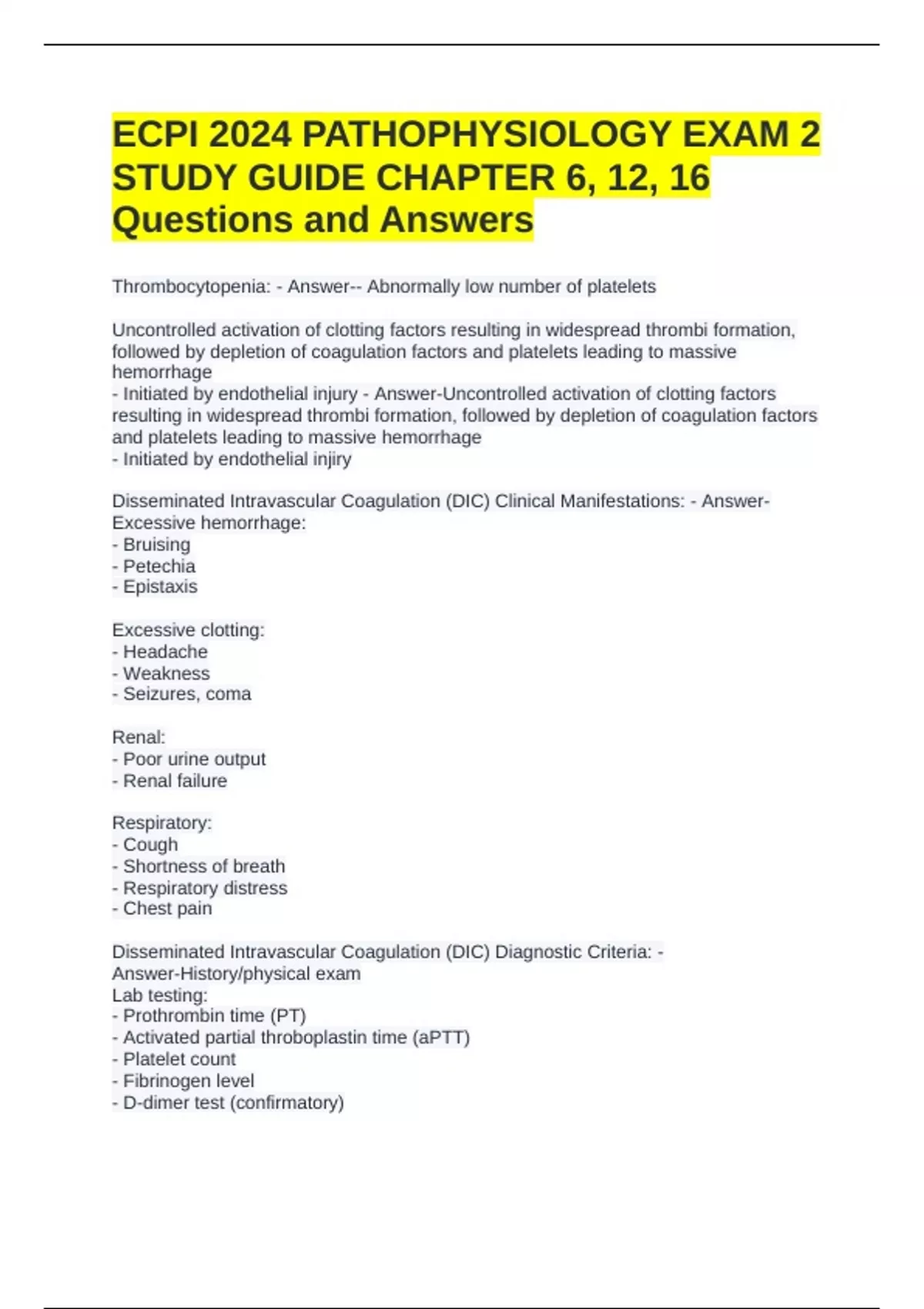 ECPI 2024 PATHOPHYSIOLOGY EXAM 2 STUDY GUIDE CHAPTER 6, 12, 16 ...
