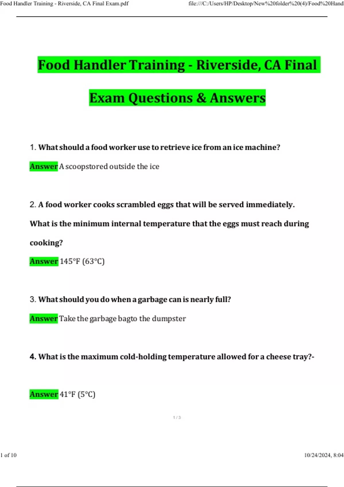 Food Handler Training - Riverside, CA Final Exam 2024 Questions and ...