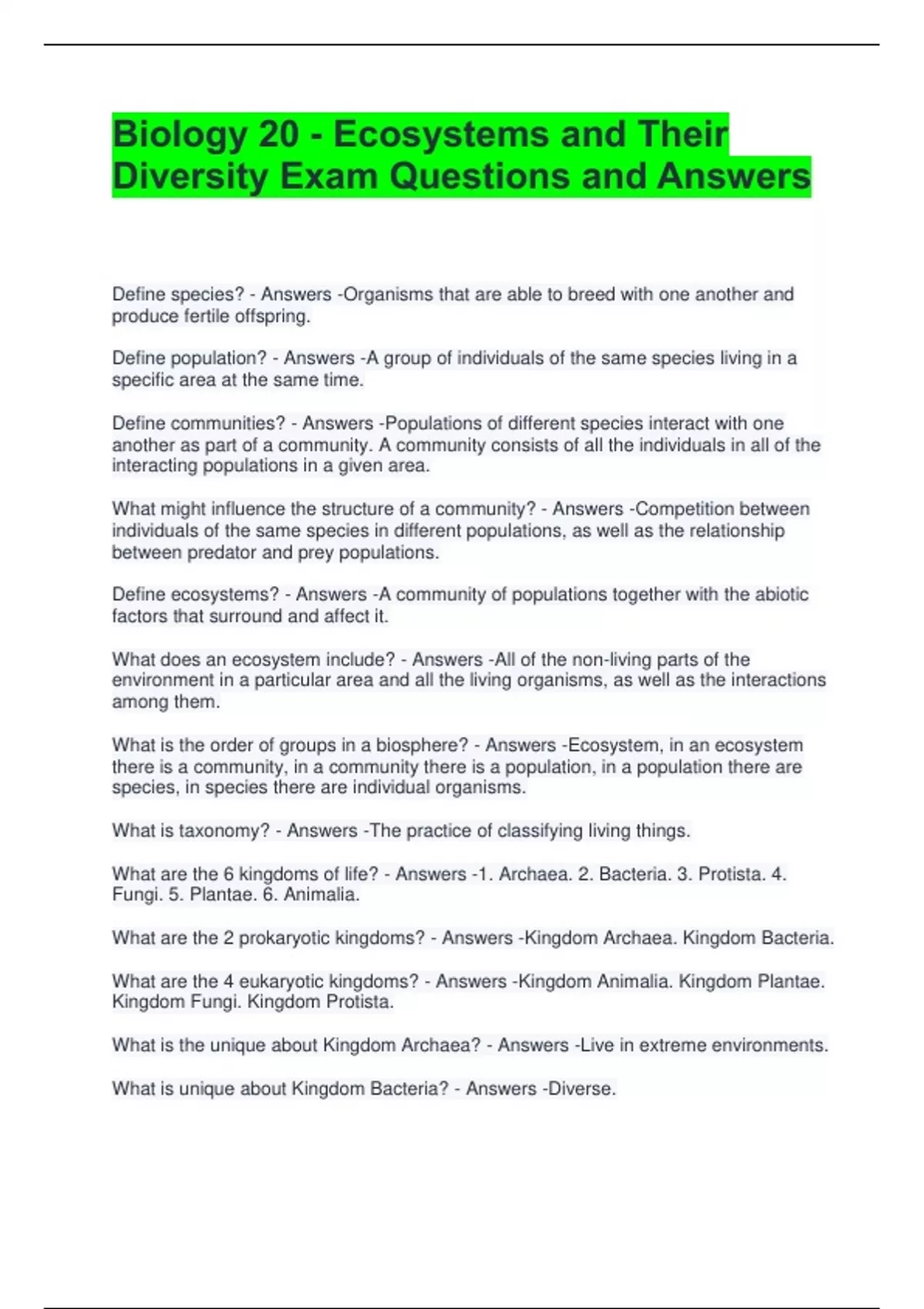 Biology 20 - Ecosystems and Their Diversity Exam Questions and Answers ...