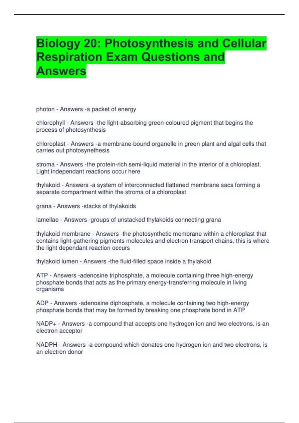 Biology 20 Photosynthesis and Cellular Respiration Exam Questions and ...