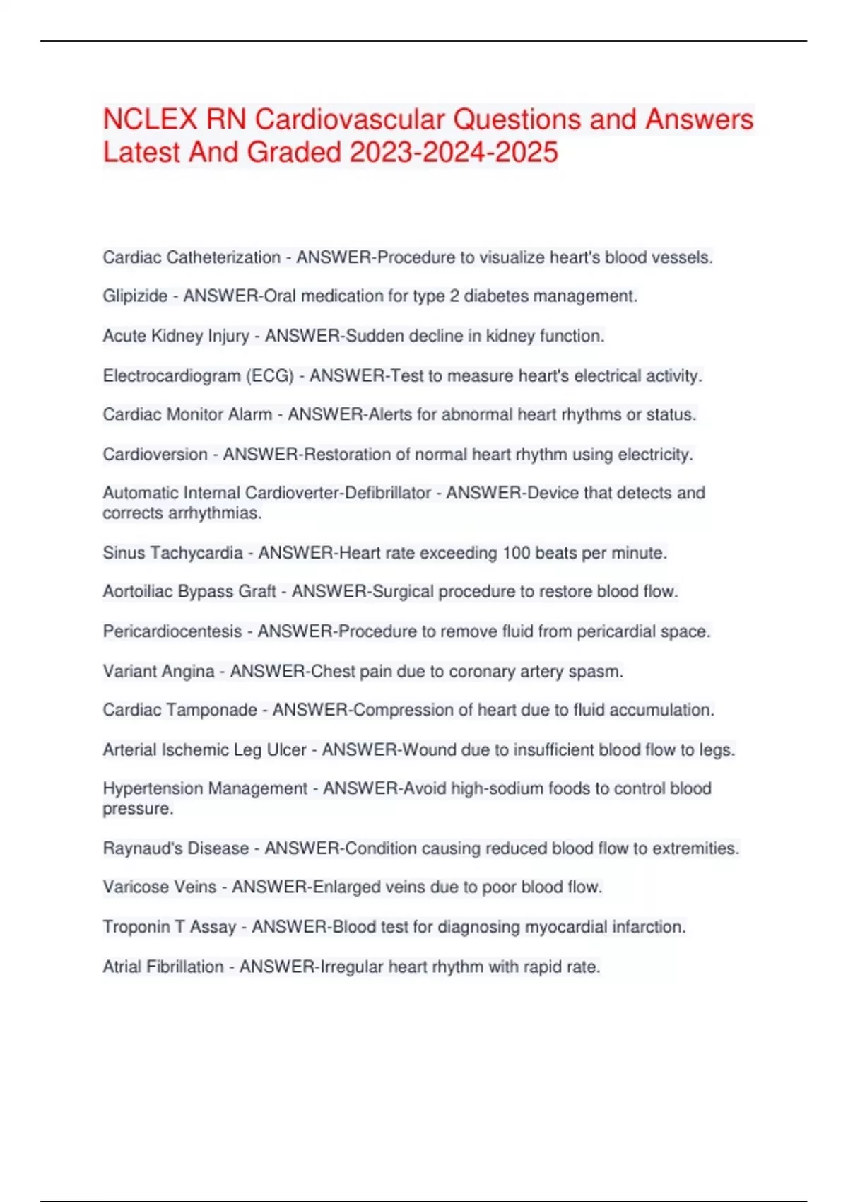 NCLEX RN Cardiovascular Questions and Answers Latest And Graded - NCLEX ...