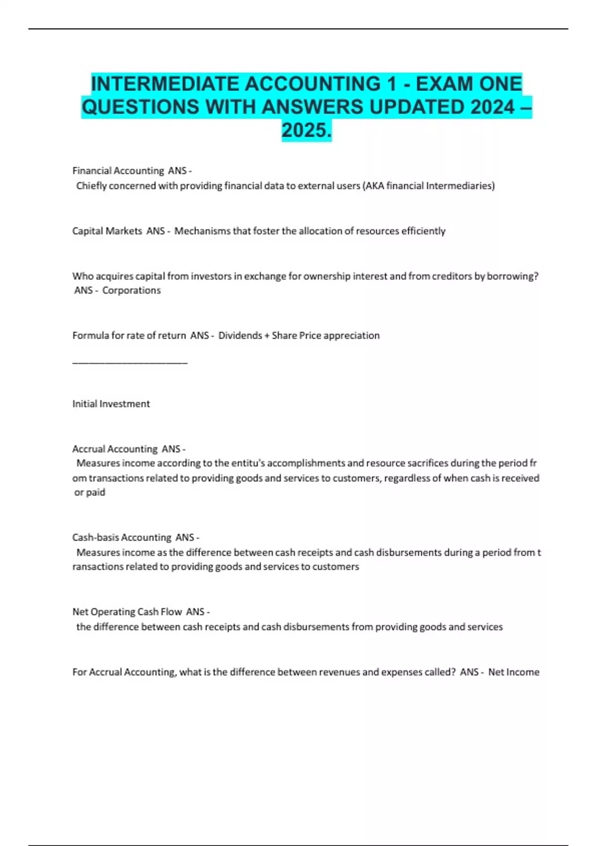 INTERMEDIATE ACCOUNTING 1 - EXAM ONE QUESTIONS WITH ANSWERS UPDATED ...