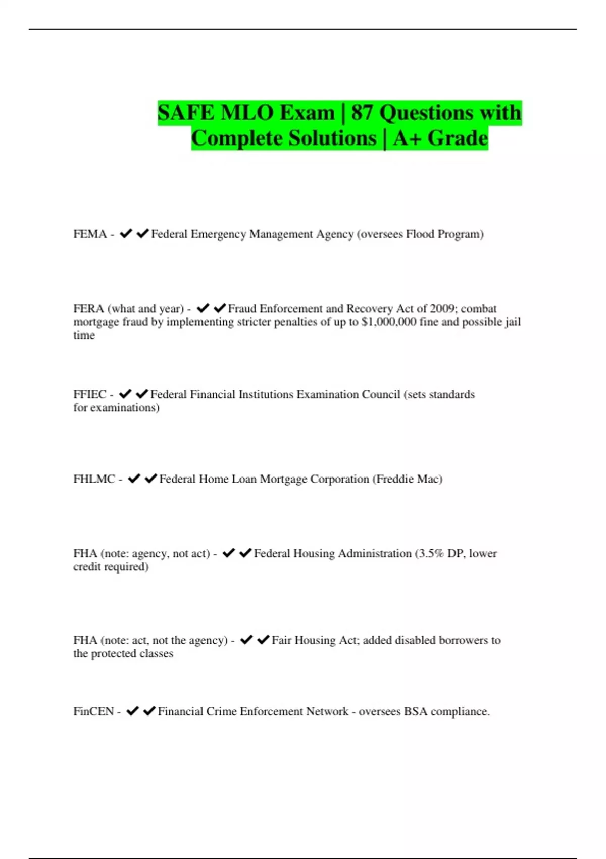 SAFE MLO Exam Prep Questions with Complete Solution - SAFe - Stuvia US