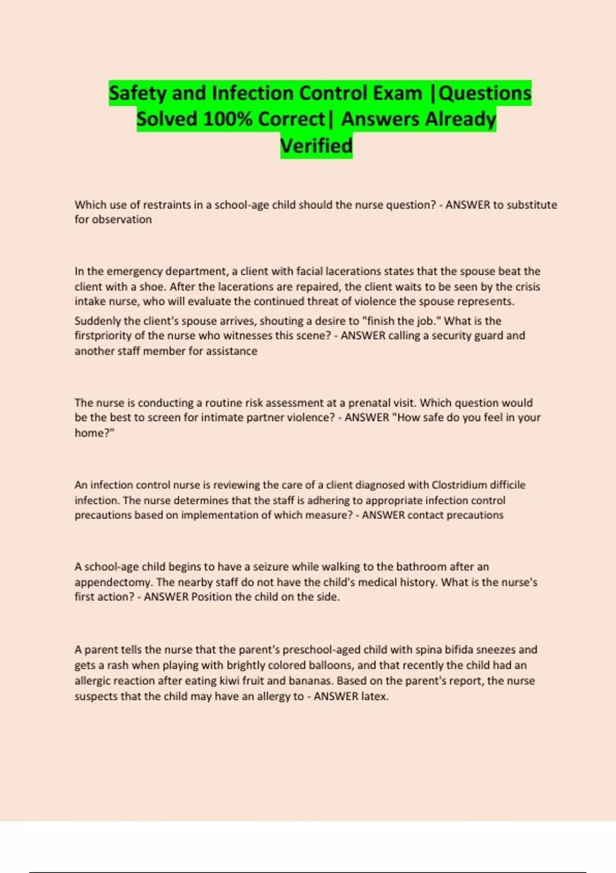 Safety and Infection Control Exam |Questions Solved 100% Correct ...