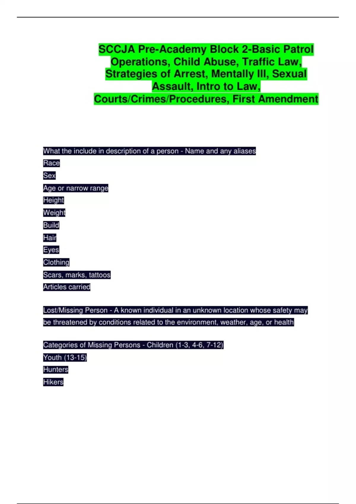 SCCJA Pre-Academy Block 2-Basic Patrol Operations, Child Abuse, Traffic ...