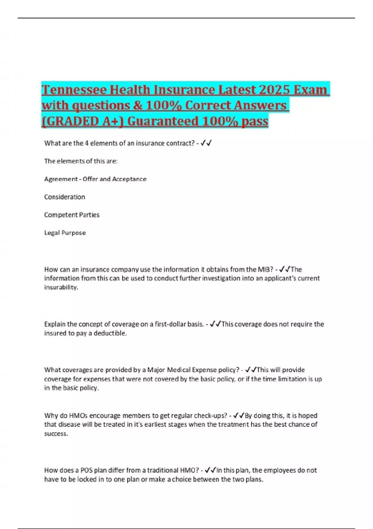 Tennessee Health Insurance Latest 2025 Exam with questions & 100% ...