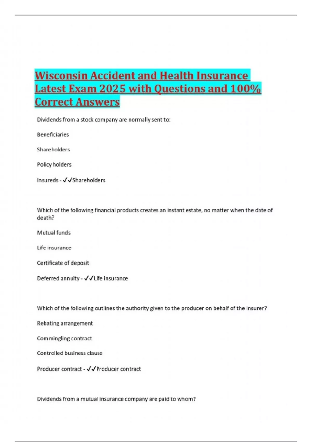 Wisconsin Accident and Health Insurance Latest Exam 2025 with Questions ...