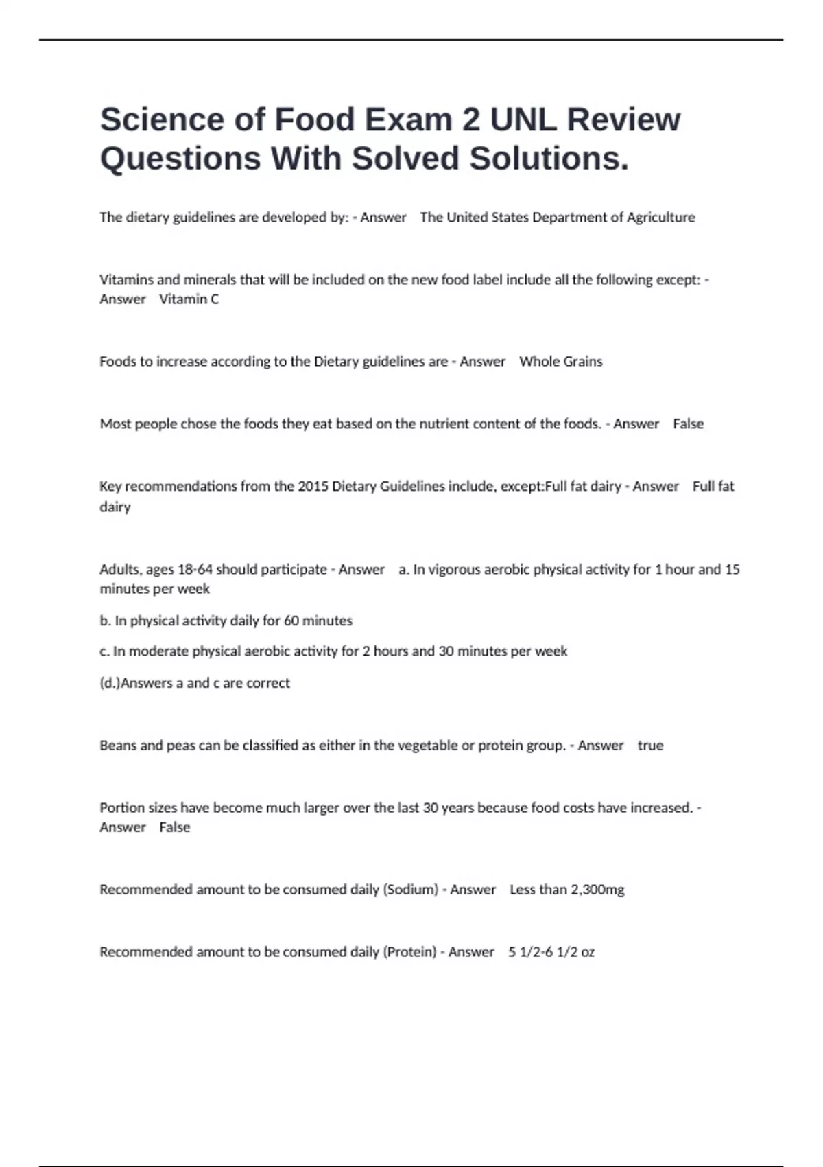Science of Food Exam 2 UNL Review Questions With Solved Solutions ...